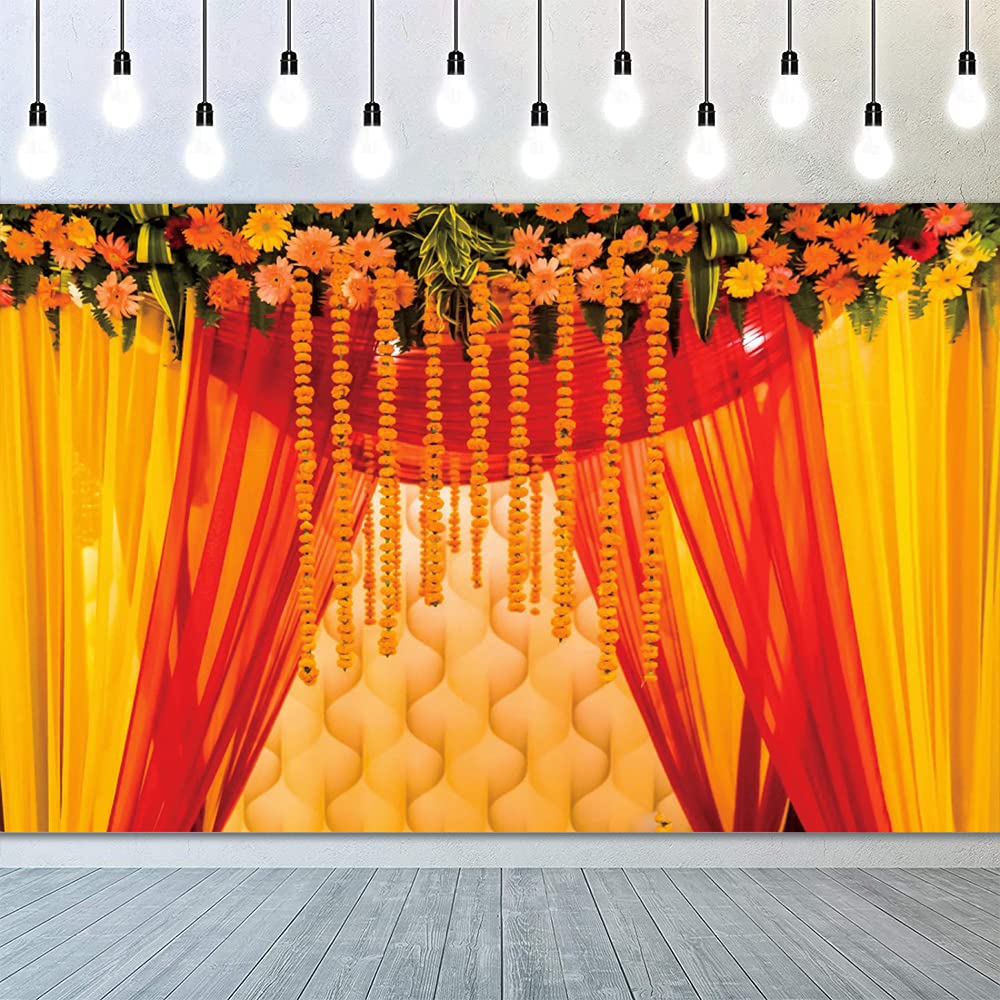 YongFoto 9x6ft Happy Diwali Backdrop Banner Indian Traditional Backdrop Happy Holi Backdrop Hindu Indian Wedding Background Flower Garland Yellow Tulle Curtain Anniversary Backdrop
