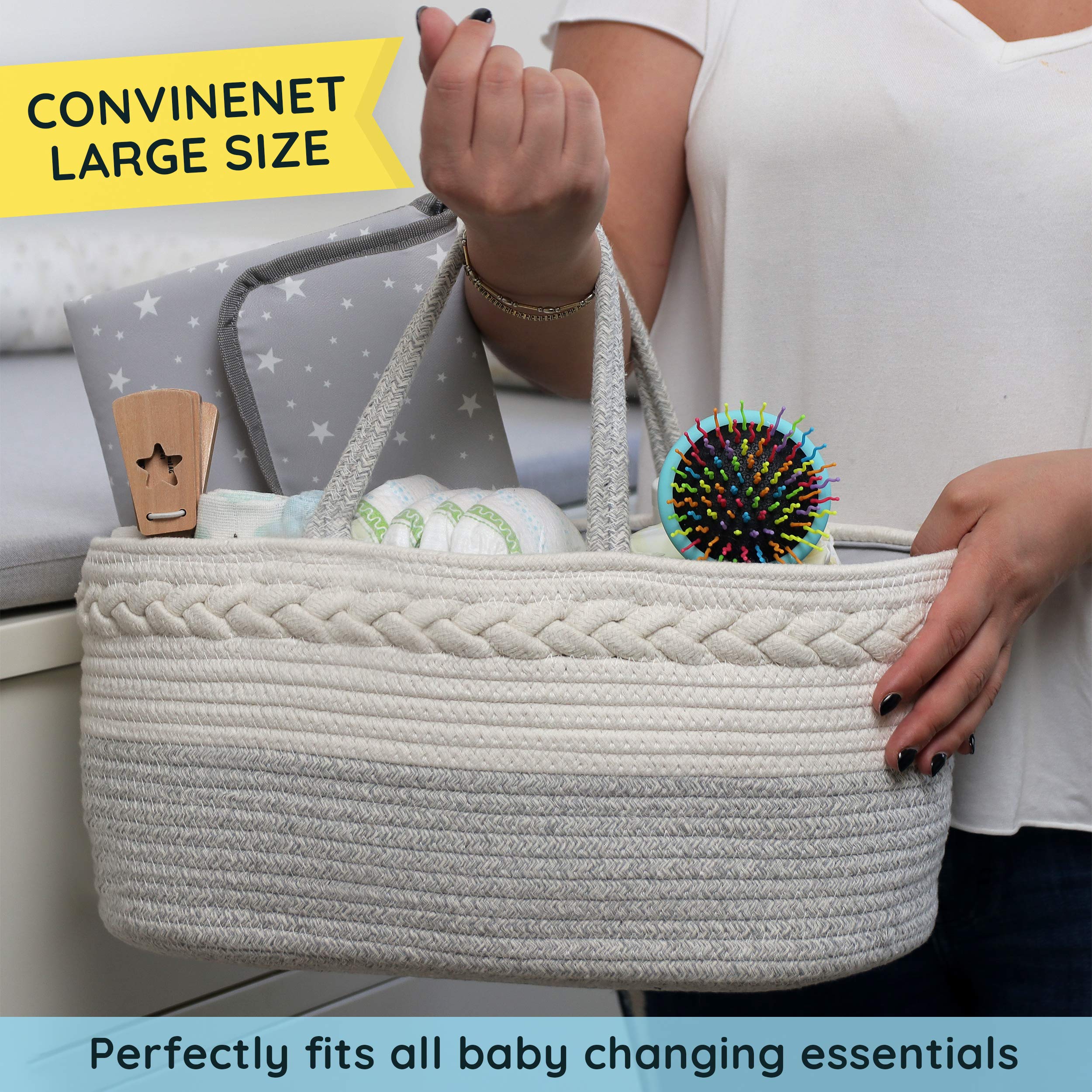 StarHug Baby Diaper Caddy Organizer β Baby Shower Basket with 2 Inner Pockets, Cleanable Interior, 100% Cotton Rope, Eco-Friendly, Large (Diaper Caddy + Portable Changing Pad)