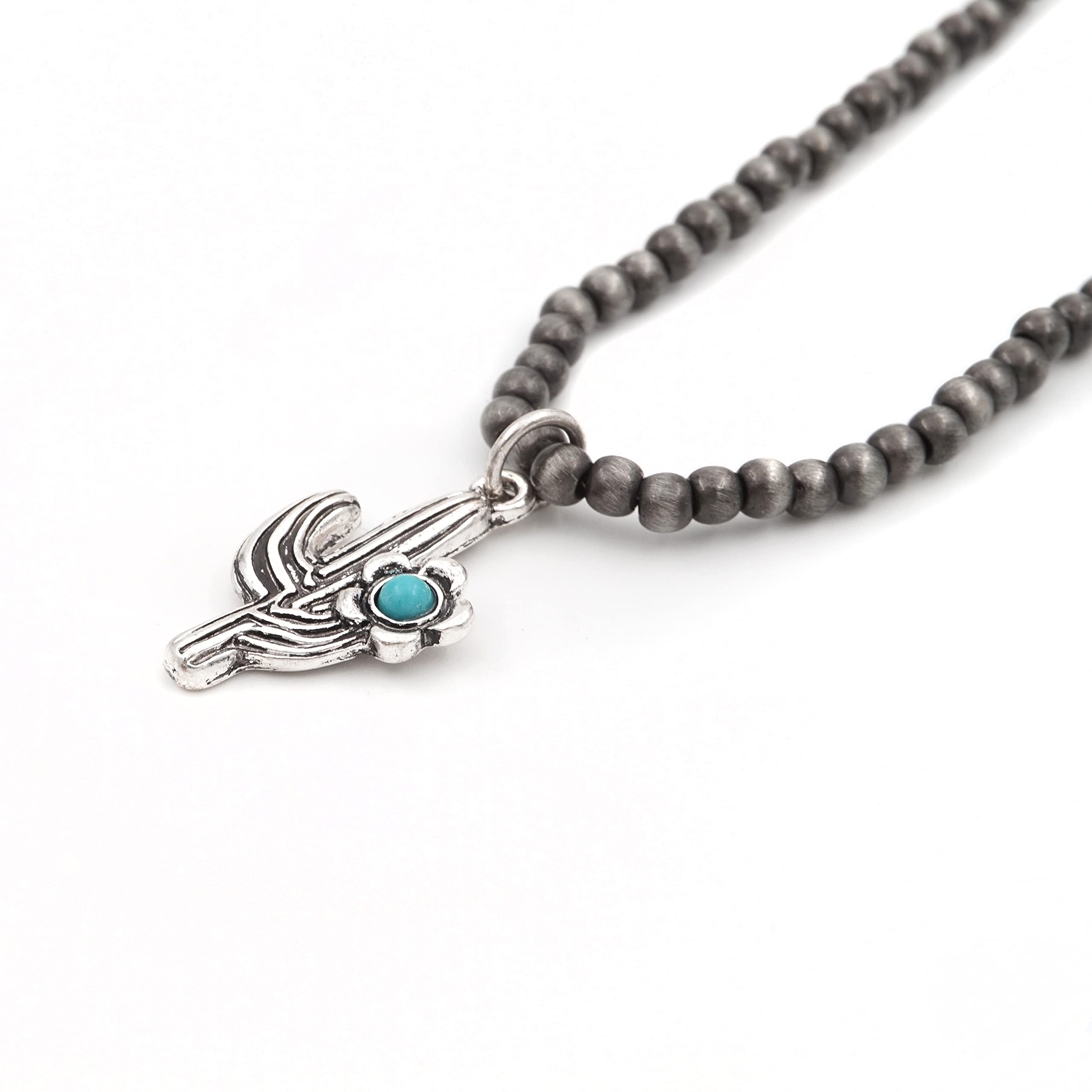 Turquoise Stone Silvertone Prickly Pear Cactus Pendant Faux Navajo Pearl Choker Necklace 12 Inch