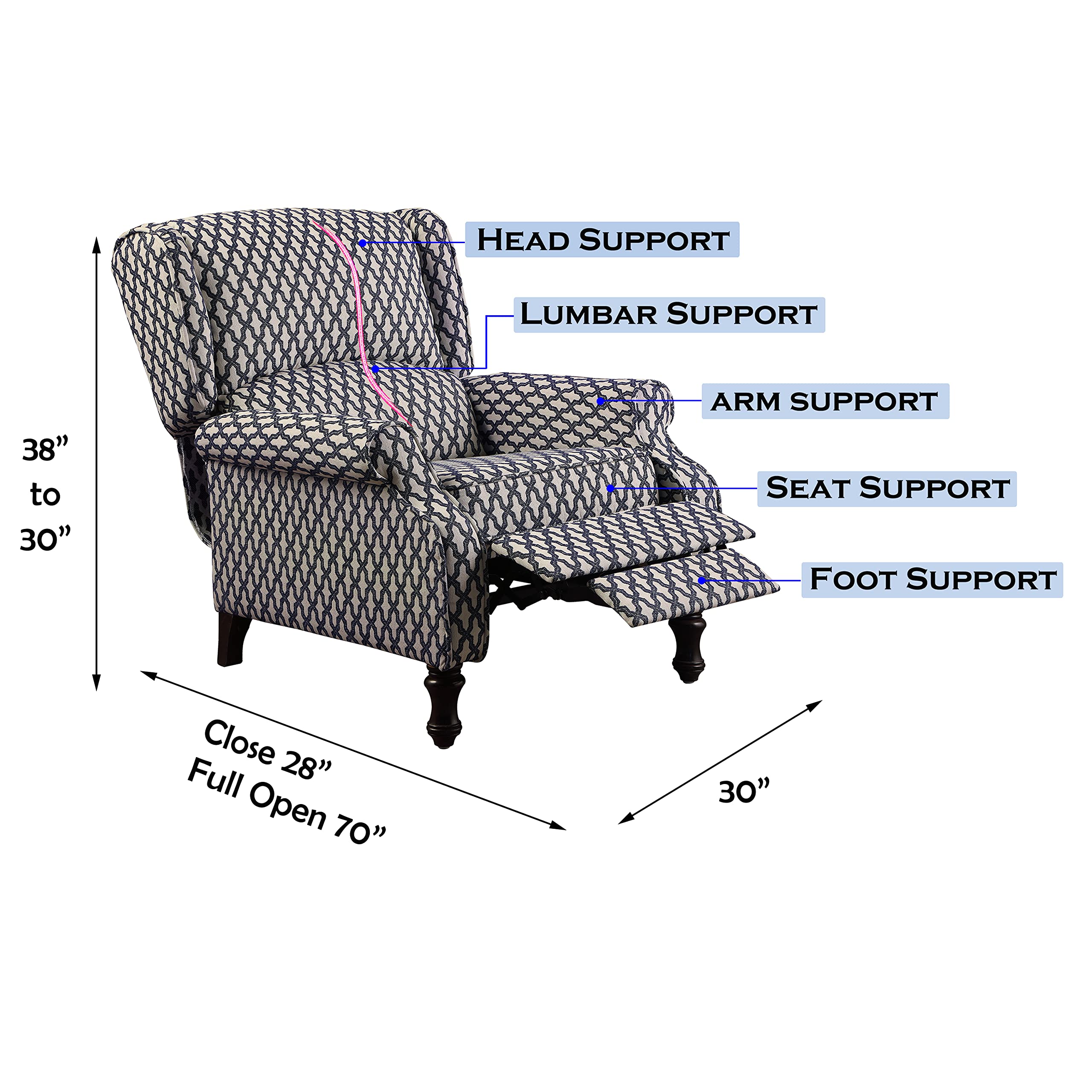 Rosevera Kelly Victoria Padded Push Back Recliner Chair for Living Room and Bedroom, Navy Blue