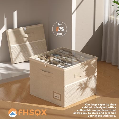 Shoe Organizer for Closet with Fabric Shoe Storage Bins - Clear Cover, Adjustable Dividers, and Foldable Bottom Support for 12 Pairs in Clear Storage Containers (Beige, (15.7 * 15.4 * 12.6) x1)