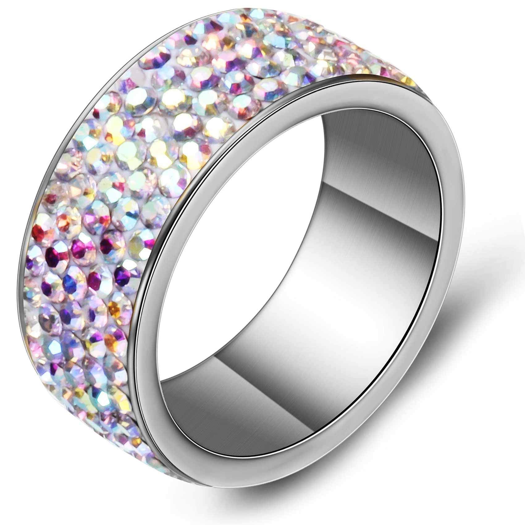 VQYSKO 8mm Cubic Zirconia Wedding Band for Women - 316L Stainless Steel 5 Rows CZ Simulated Diamond Eternity Rings, Color+Silver, Size 10