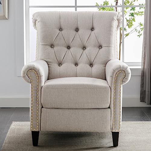 Pushback Recliner Chair, Modern Button Tufted Wingback Single Sofa Chair with Nailheads & Roll Arm & Solid Wood Legs, Comfy Linen Upholstered Manual Reclining Sofa for Home Theatre Living Room, Tan