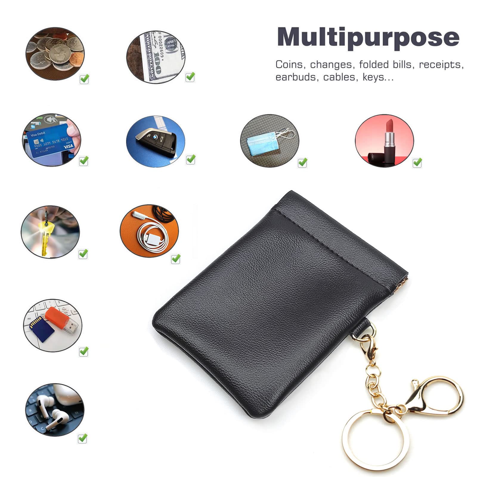 VOFOON Leather Squeeze Coin Purse with Keychain Small Change Holder Slim Wallet Pouch Card Holder For Women & Men (Black)
