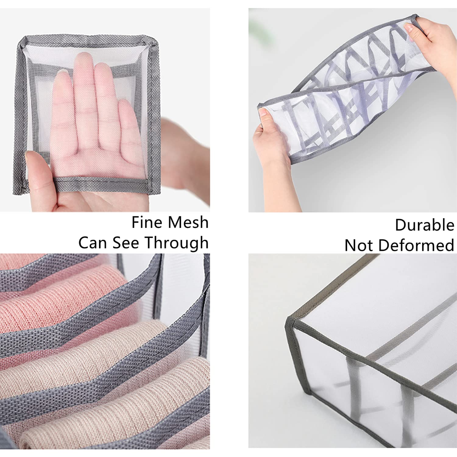 Tusjiain 4 Set Underwear Drawer Organizer Sock Organizer College Dorm Room Essentials Apartment Essentials Foldable Nylon Mesh Closet Organizer Dresser Organizer for Underwear,Socks-Gray