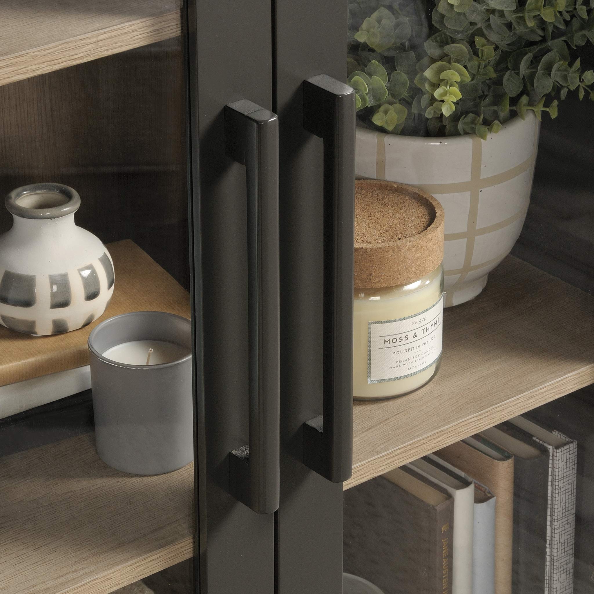 Sauder Anda Norr Display Pantry cabinets, L: 31.77" x W: 16.02" x H: 50.2", Sky Oak finish
