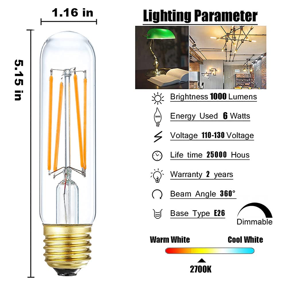 T10 LED Light Bulbs,Warm White 2700K,Tubular Vintage LED Edison Bulbs 100 Watt Equivalent,Dimmable,AC120V,1000LM,E26 Tube Antique LED Filament Bulbs for Rustic Pendant,6Pack.