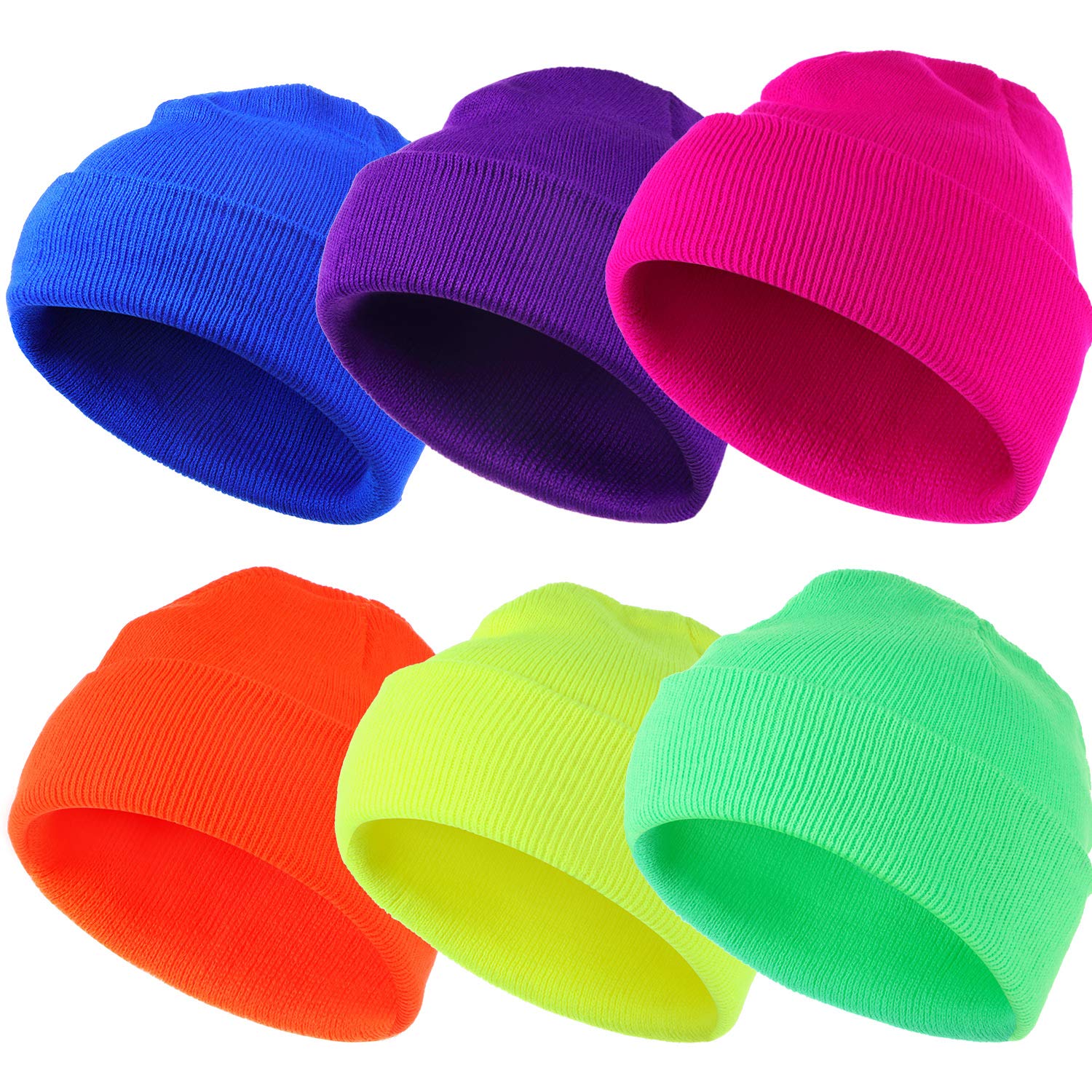 SATINIOR 6 Pieces Neon Beanie Hat Acrylic Watch Hat Plain Knit Long Skullcap Fisherman Beanie Unisex, Medium