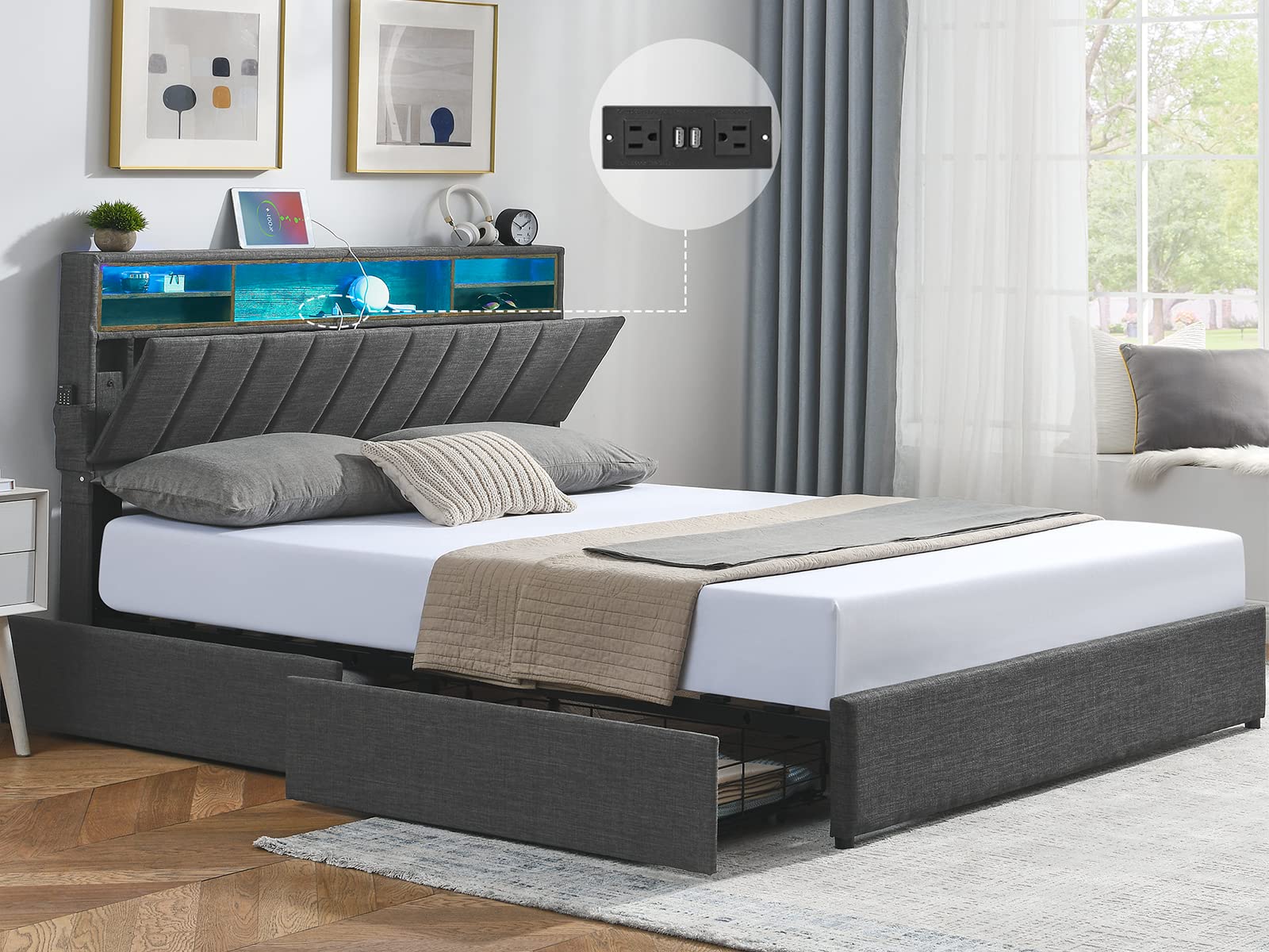Queen Bed Frame with Tall Bookcase Headboard and Charging Station, LED Bed Frame with 2 Storage Drawers, Upholstered Mattress Foundation with Wooden Slats Support, No Box Spring Needed,Dark Grey