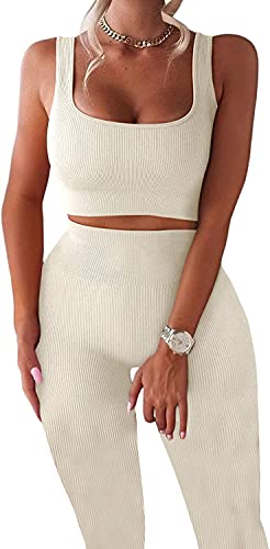TWFRHC Women's Workout Sets 2 Piece Ribbed Seamless High Waist Gym Outfit Yoga Leggings Sets