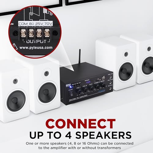 Pyle Compact Mini Home Power Amplifier - 40W Smart Small Audio Stereo Receiver w/ AUX 2 Microphone IN COM/8-Ohm/25V/70V Speakers LED Input Selector For PA Amplified Speaker Sound System PCM20A