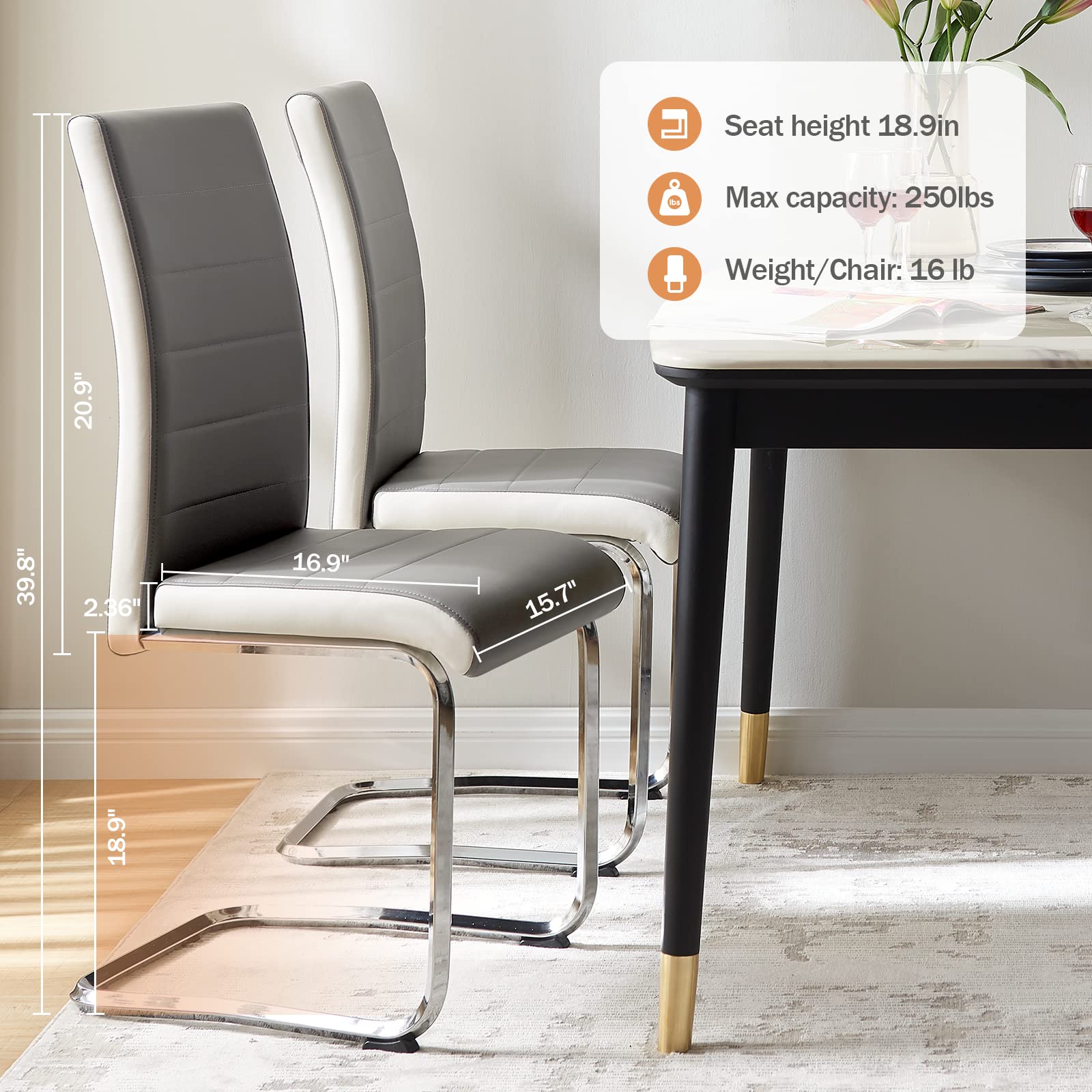 SICOTAS Dining Chairs Set of 4 - Modern Kitchen Chairs Faux Leather, High Back Dining Room Chairs with Metal Base, Upholstered Dinner Chairs, 4 PCS Armless Side Chair for Dining Room and Kitchen, Grey