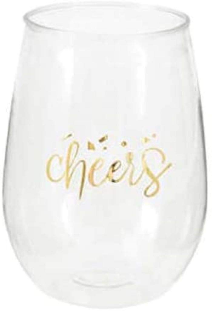 Unique Gold "Cheers" Plastic Stemless Wine Glass - 15oz (1 Pc.) - Perfect for Parties, Weddings & Catering Events
