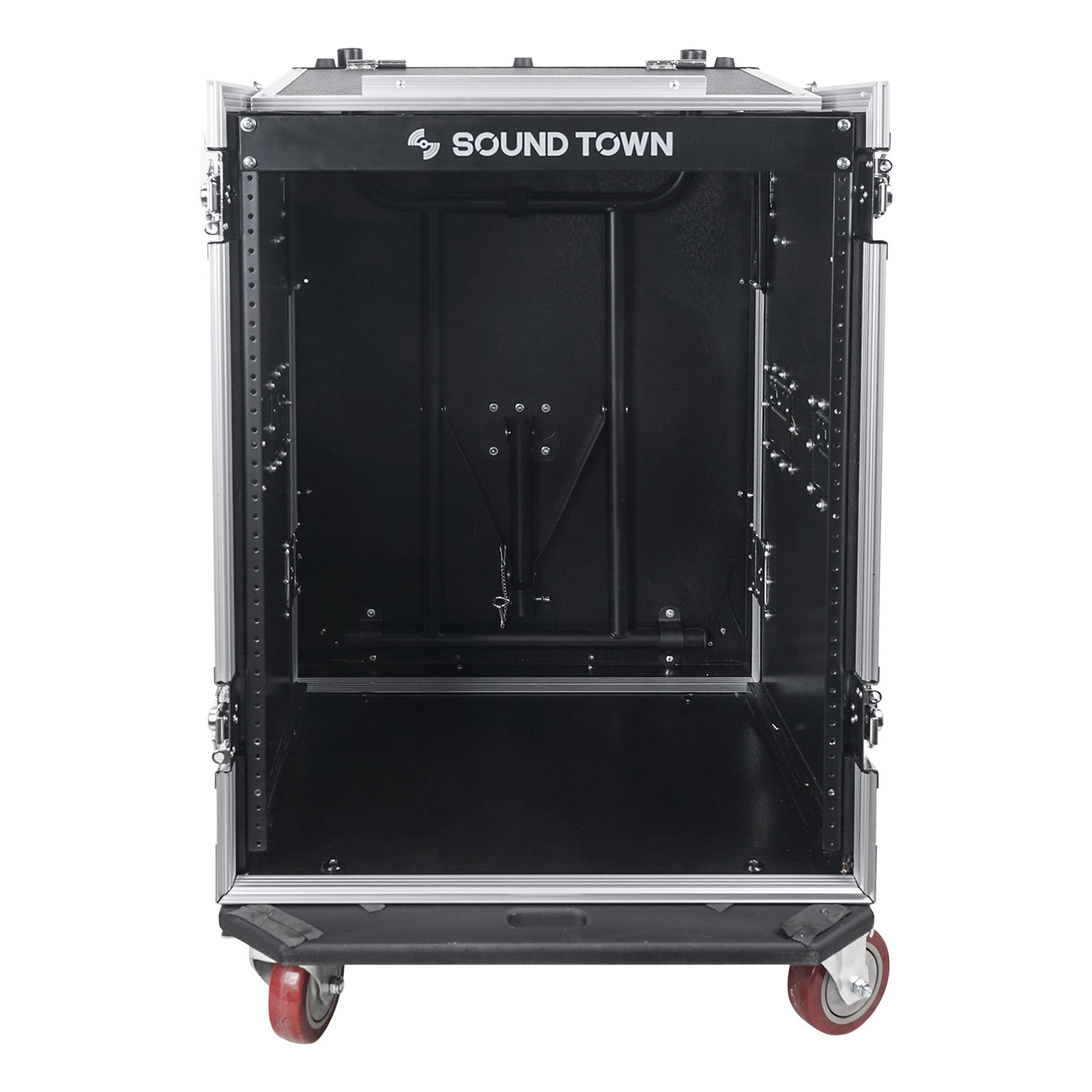 Sound Town 14U PA DJ Rack/Road ATA Case with 11U Slant Mixer Top, 20ββ Rackable Depth, 2 DJ Work Tables and Casters, 14-Space Size, Pro Tour Grade (STMR-14UWT2)