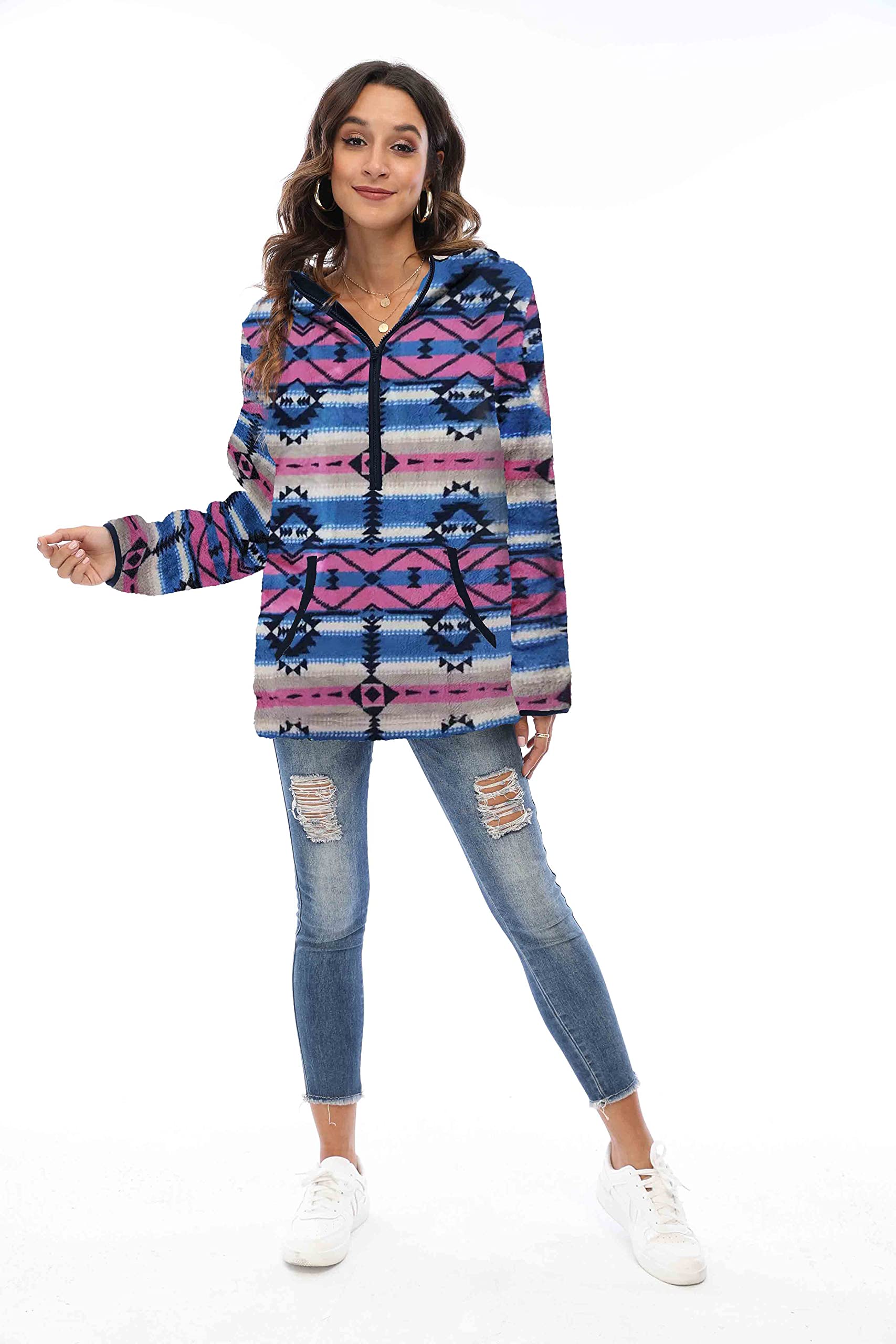 Voopptaw Aztec Sweaters for Women Casual Fuzzy Pullover Long Sleeves Zipper Sweatshirt Winter Loose Fit Coat with Pockets Pink S