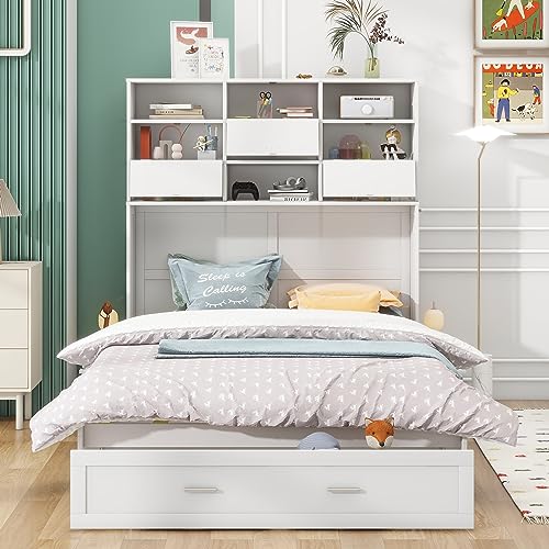 Queen Size Mobile Murphy Bed with a Big Drawer and Both Side Storage Shelves, Modern Foldable Murphy Bed W/ Bookcase for Multipurpose Guest Room or Home Office, No Box Spring Required Easy Assembly