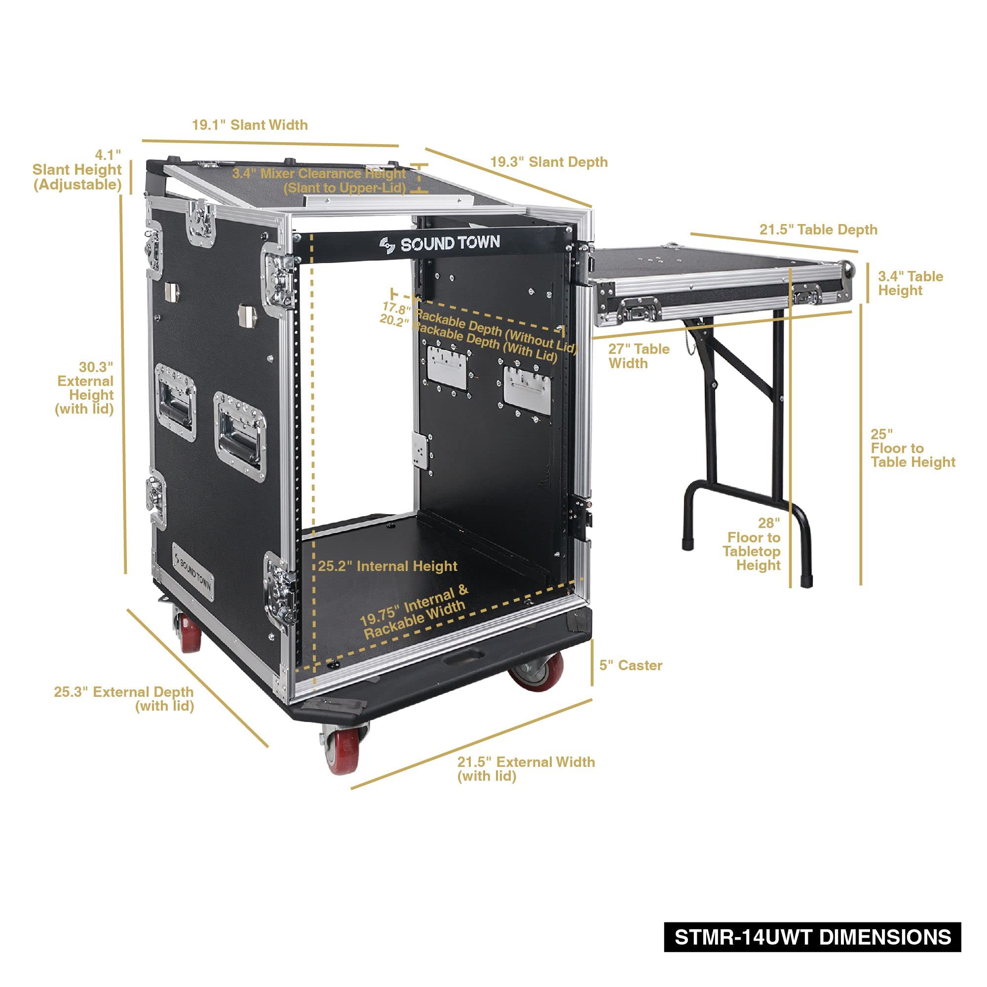Sound Town 14U PA DJ Rack/Road ATA Case with 11U Slant Mixer Top, 20ββ Rackable Depth, DJ Work Table and Casters, 14 Space Size, Pro Tour Grade (STMR-14UWT)