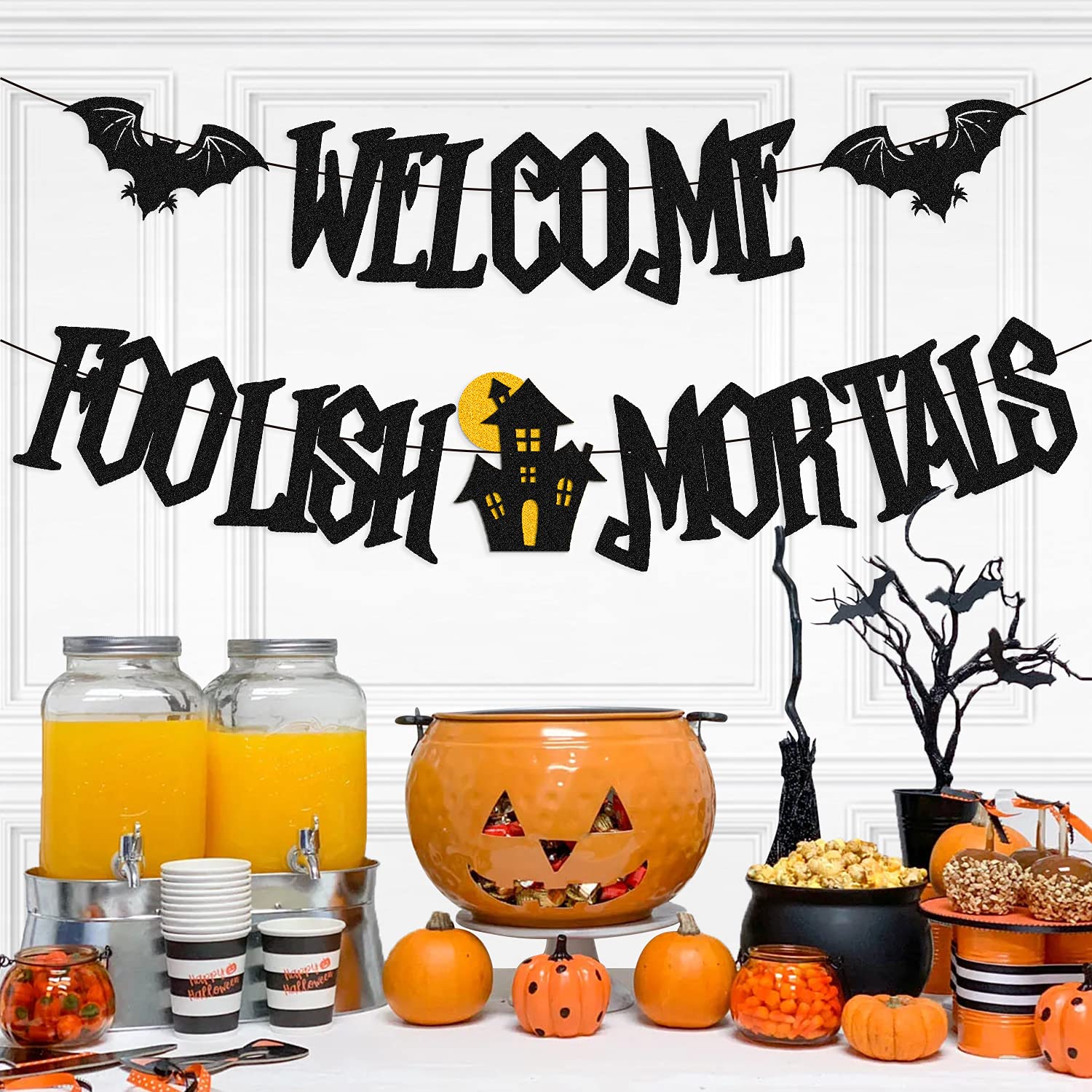 Welcome Foolish Mortals Banner for Halloween Bats Haunted House Ghost Horror Theme Happy Halloween Party Supplies Glitter Black Decorations
