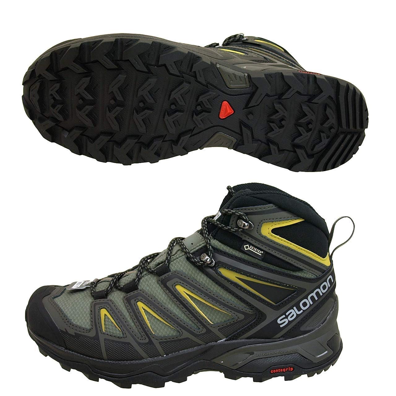 Salomon X Ultra 3 MID Gore-TEX Hiking Boots for Men, Castor Gray/Black/Green Sulphur, 11
