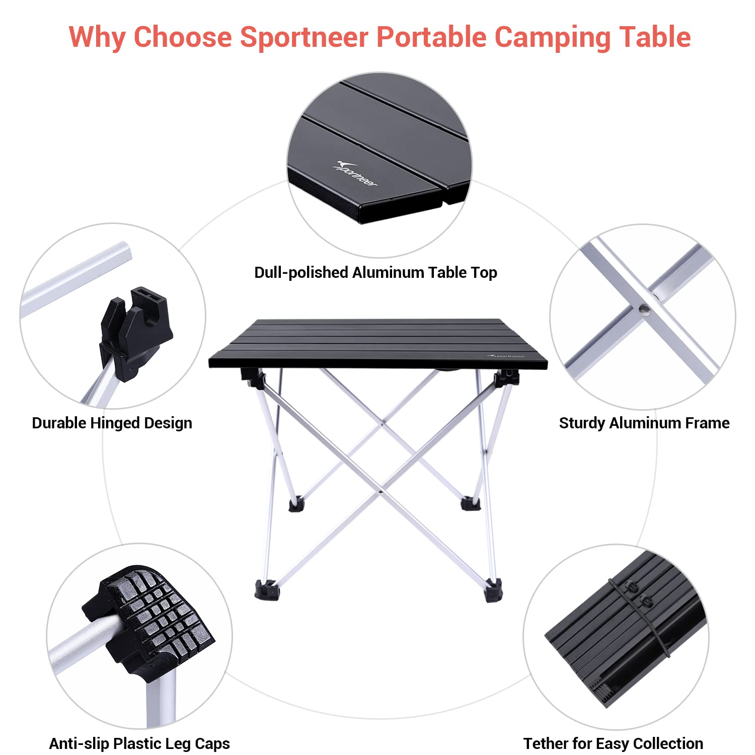 Sportneer Portable Camping Table, Folding Camp Tables Lightweight Aluminum Table Top with Mesh Bag Camping Size Table Perfect for Camping Cooking Tailgating BBQ Hiking Fishing Picnic Beaching, S