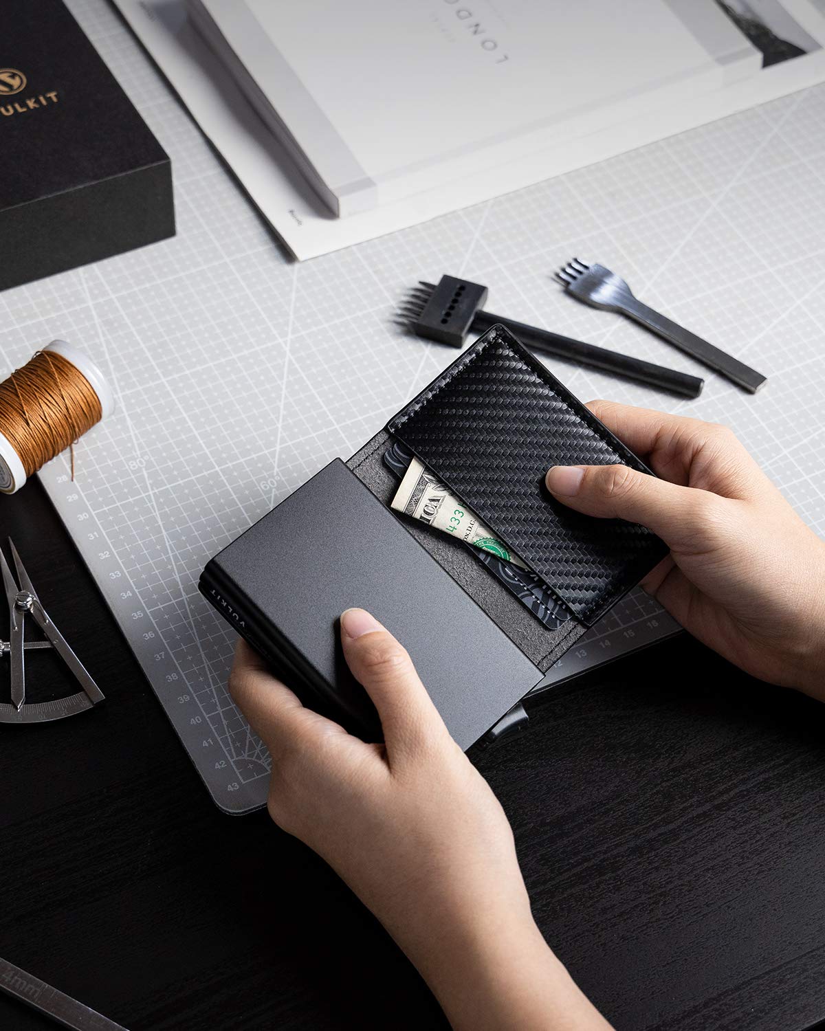 VULKIT Pop Up Wallet Automatic Leather Slim Credit Card Holder RFID Blocking Metal Double Card Case for Men and Women Carbon Fiber Black