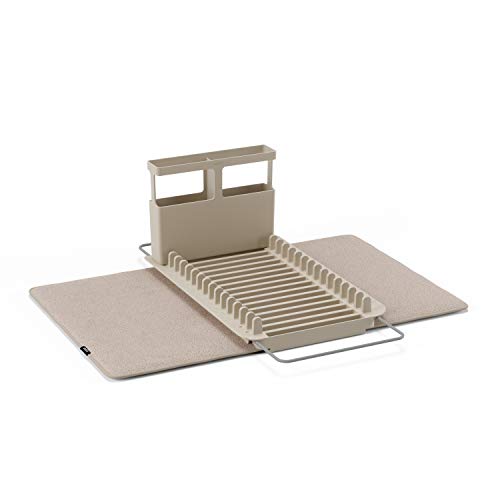 Umbra Udry Rack and Microfiber Dish Drying Mat-Space-Saving Lightweight Design Folds Up for Easy Storage, Over The Sink, Latte