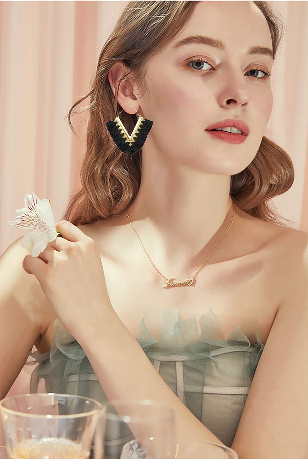 Statement Tassel Earrings, Delicate Bohemian V Shap Tassel Hoop Earring Elegant Fringe Drop Dangle Earrings for Women