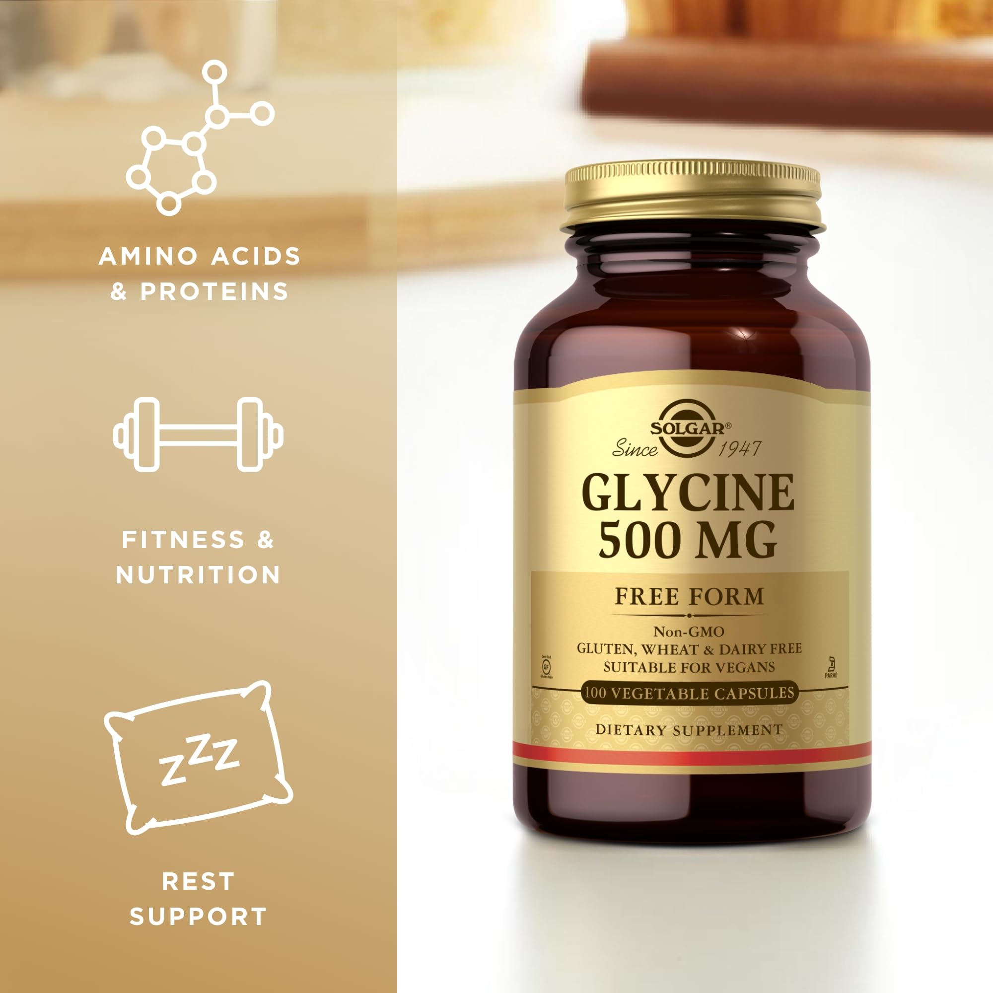 SOLGAR Glycine 500 mg - 100 Vegetable Capsules - Non-GMO, Vegan, Gluten Free, Dairy Free, Kosher - 100 Servings