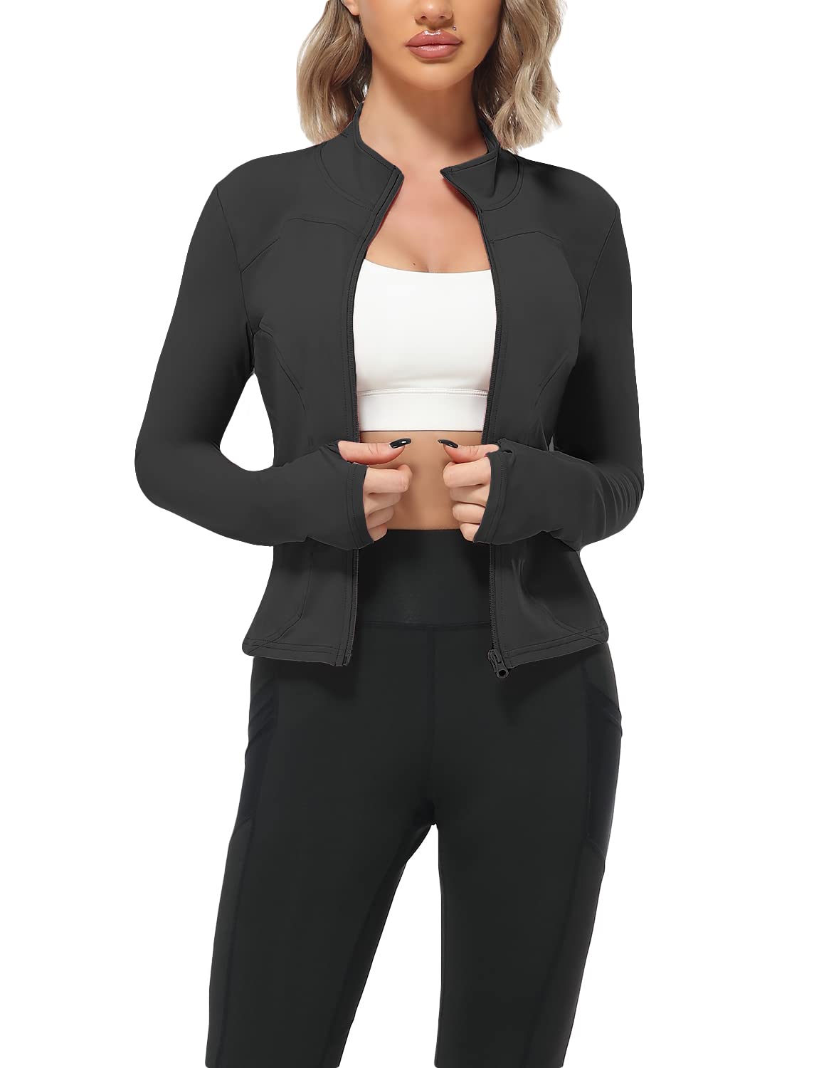 YIARBID Womens Running Jacket Lightweight Full Zip Slim Fit Workout Yoga Track Jacket Tops(A-Black,L)