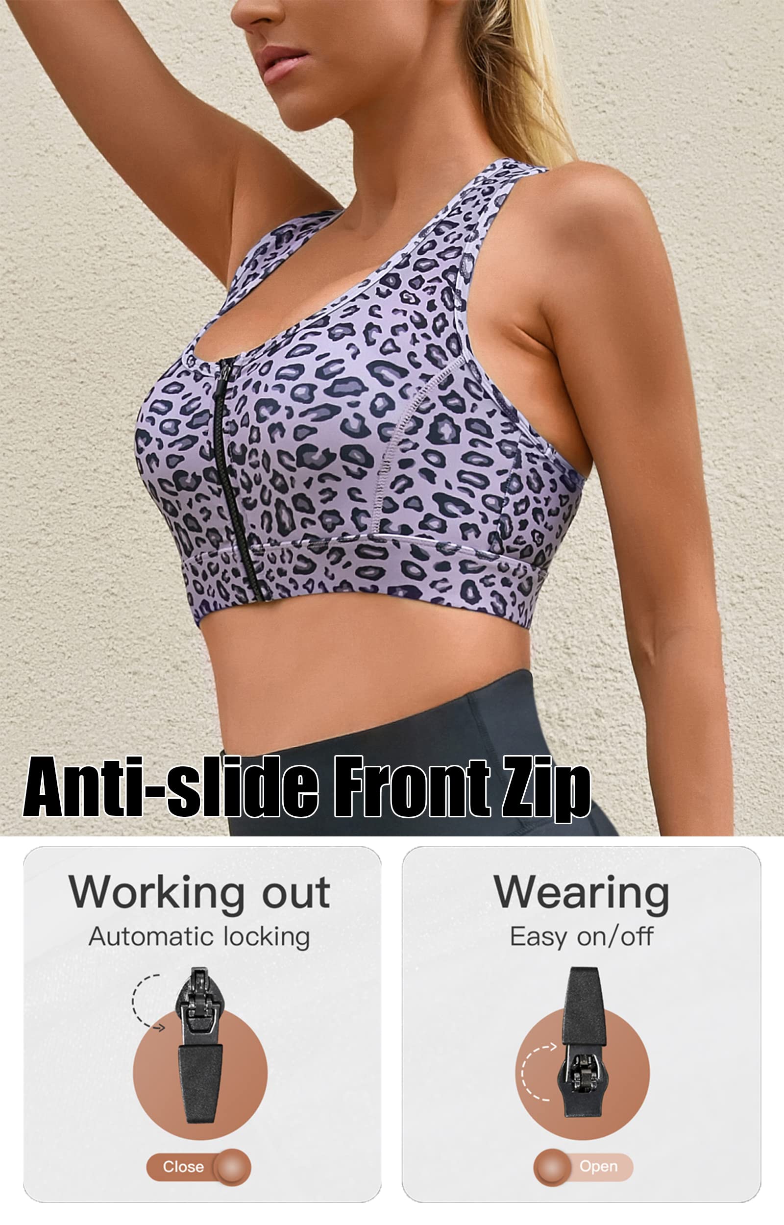 VUTRU Zip Front Sports Bra Racerback Wireless Workout Yoga Bra Padded Bra Top