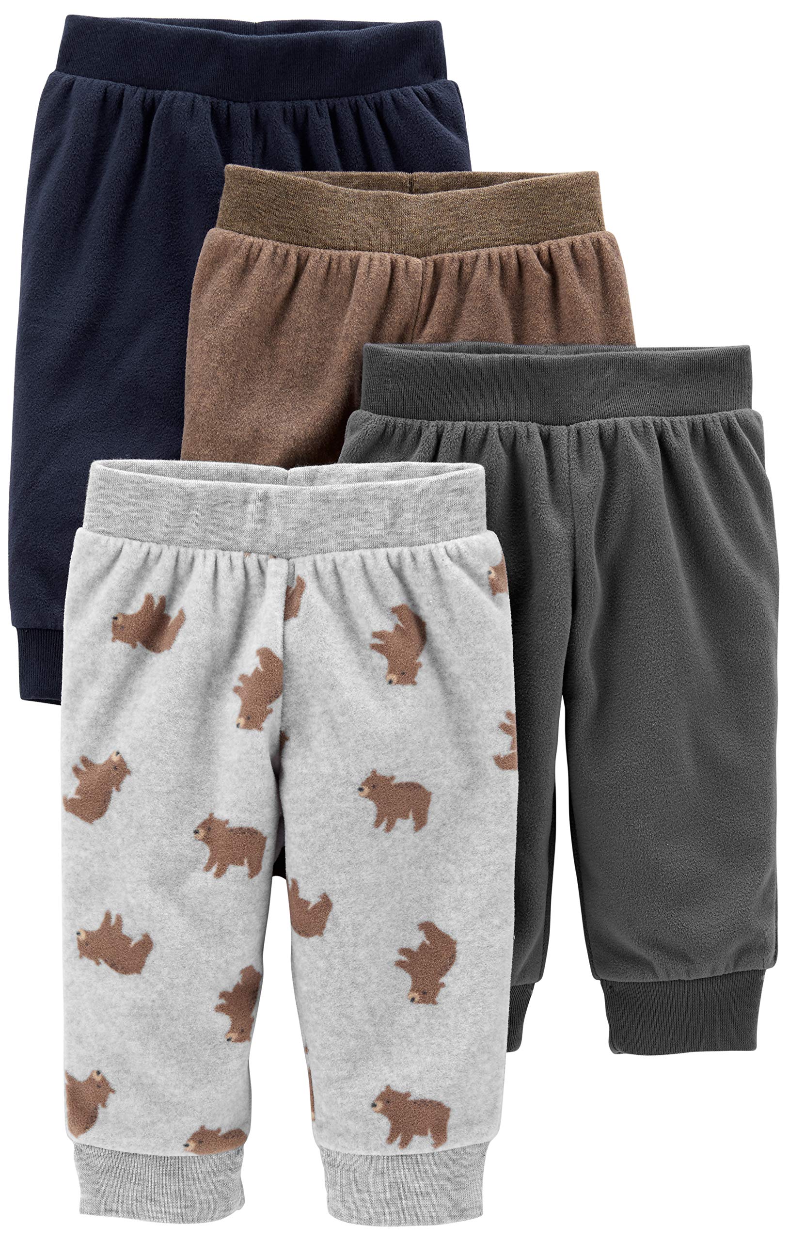 Simple Joys by Carter's Baby 4-Pack Fleece Pants, Brown/Dark Grey/Light Grey Bear Print/Navy, 3-6 Months