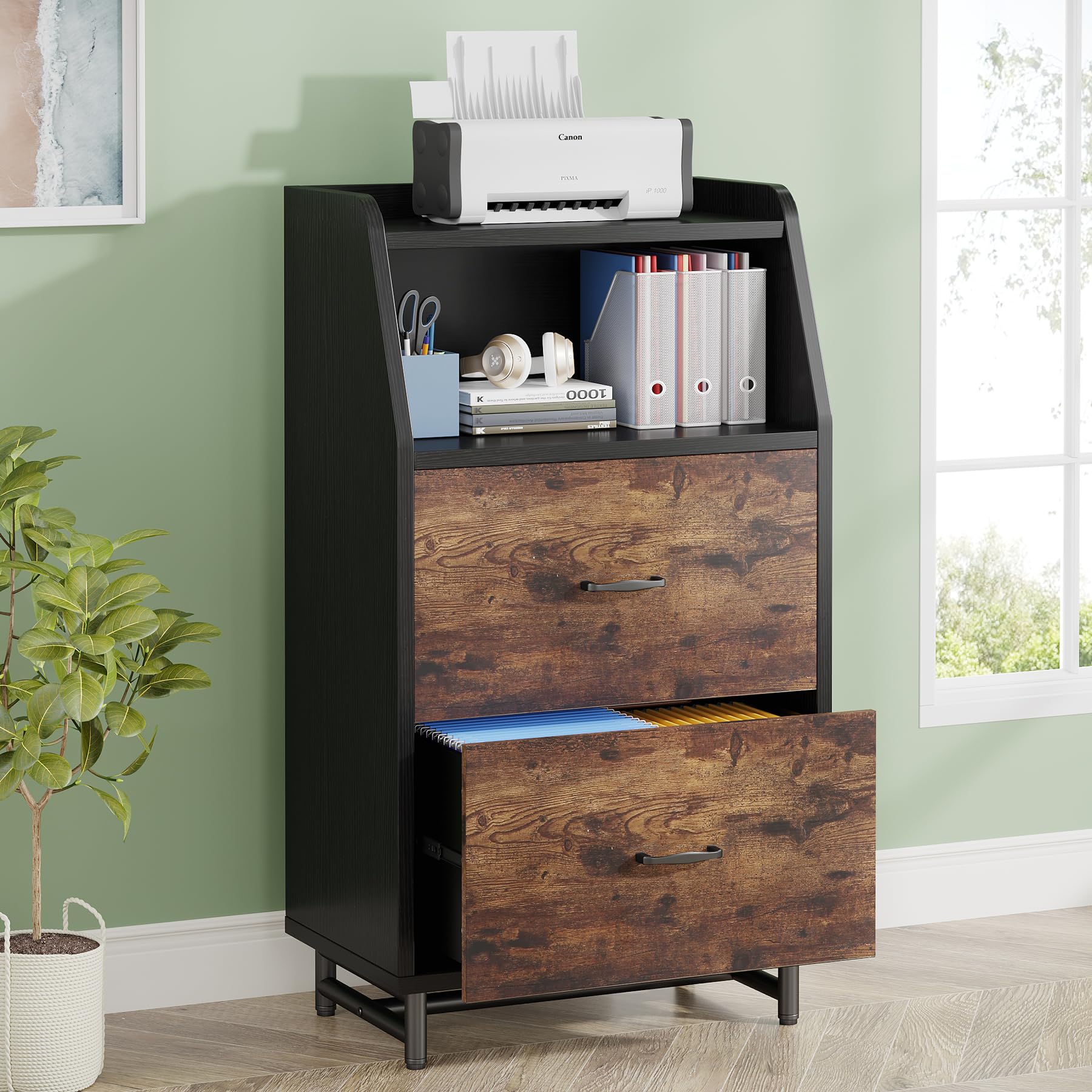 Tribesigns 2 Drawer Lateral File Cabinet, Modern Filing Cabinet with Open Storage Shelves, Wood Storage Cabinet Printer Stand Fits Letter/Legal/A4 Size for Home Office