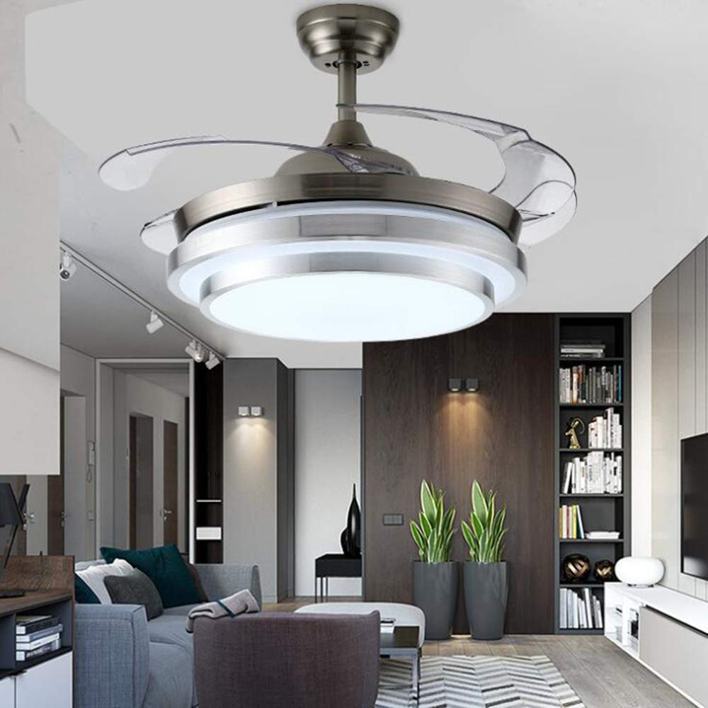 Southerns Lighting 42" Invisible Ceiling Fan with Retractable Blades and Remote Ceiling Fan Light Kit for Bedroom Livingroom Low Profile Kitchen eCiling Fan with Light (Silver-04)