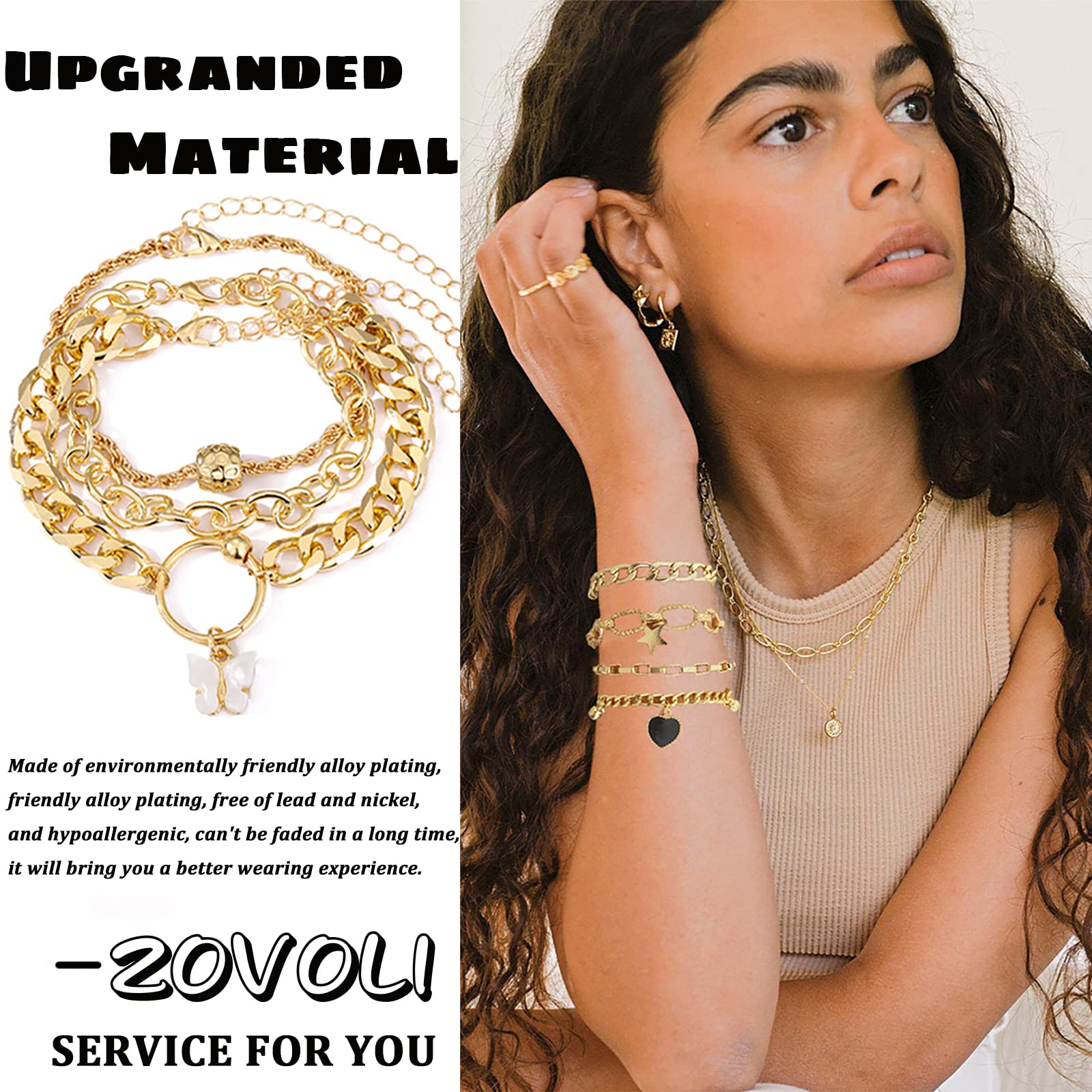 ZOVOLI 16-24PCS Dainty Gold Plated Chain Bracelets for Women Chunky Layered Stackable Snakebone Chain Boho Punk Adjustable Cuban Link Trendy Pearl Heart Bear Charm Paperclip Chain (16pcs)