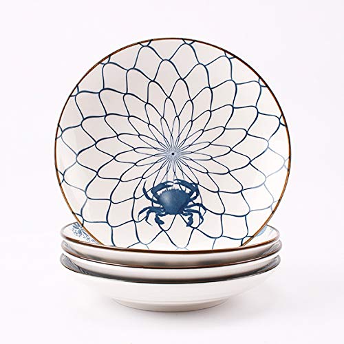 YALONG Ceramic Japanese Dinner Plates Set 7 Inch Appetizer Shallow Plates Serving Lunches, Cheese Salad, Dessert Set of 4 Assorted Motifs Microwave & Dishwasher Safe