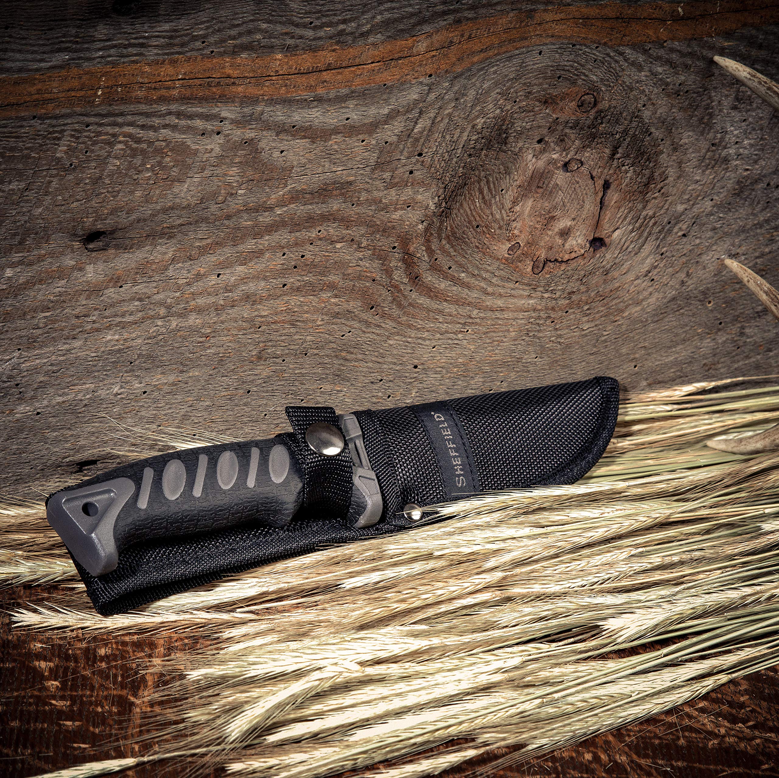 Sheffield 12186 Sitka 4 Inch Drop Point Fixed Blade Hunting Knife with Sheath, Full Tang Blade, Pocket Knife for Skinning, Self Defense, and More