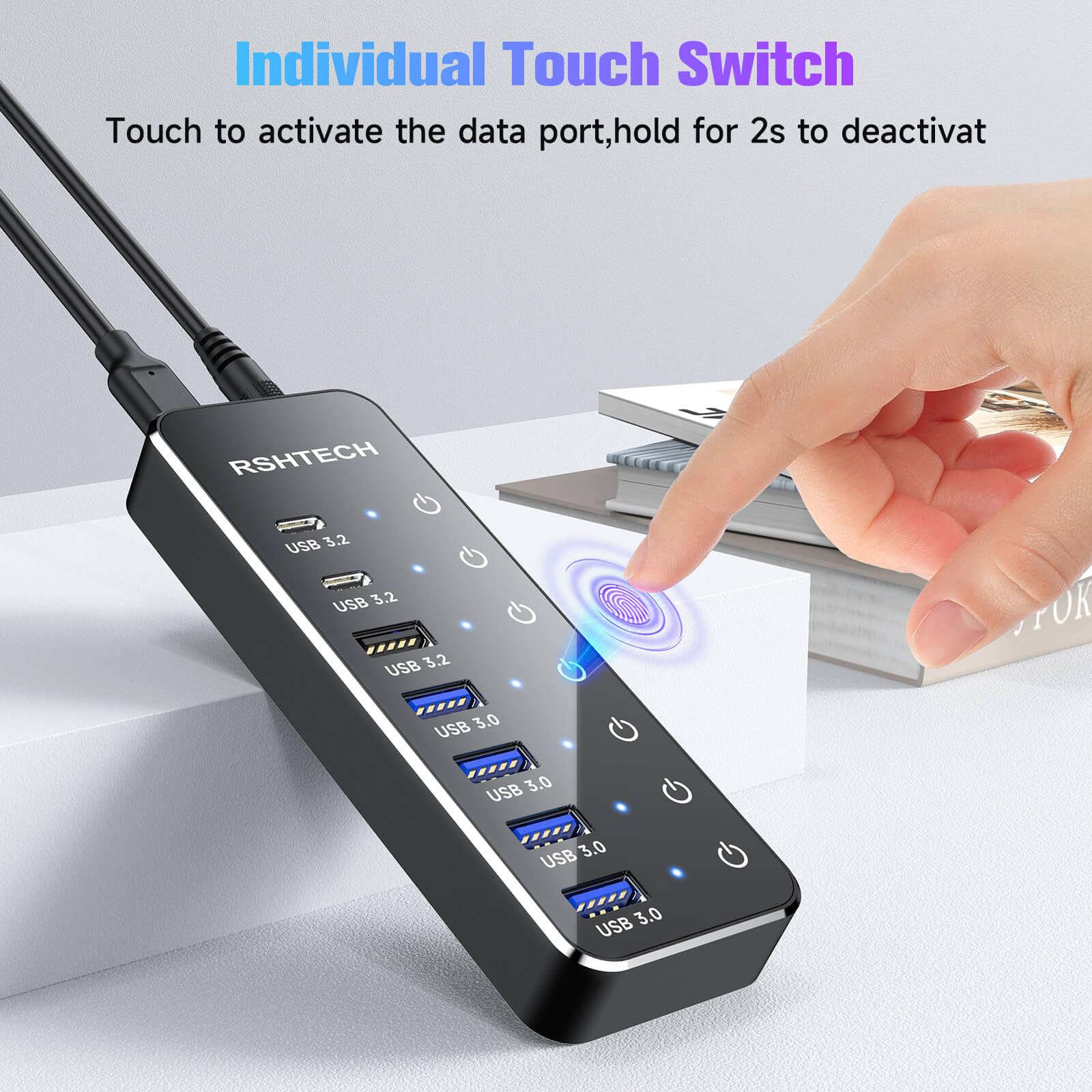 RSHTECH 7-Port Powered USB 3.2/USB C Hub with 10Gbps USB-A 3.2, 2 USB-C 3.2, 4 USB 3.0 Ports, Individual Touch Switches, 3.3ft Cable and 5V Power Adapter, USB Hub Splitter for Laptop/PC, RSH-ST07C