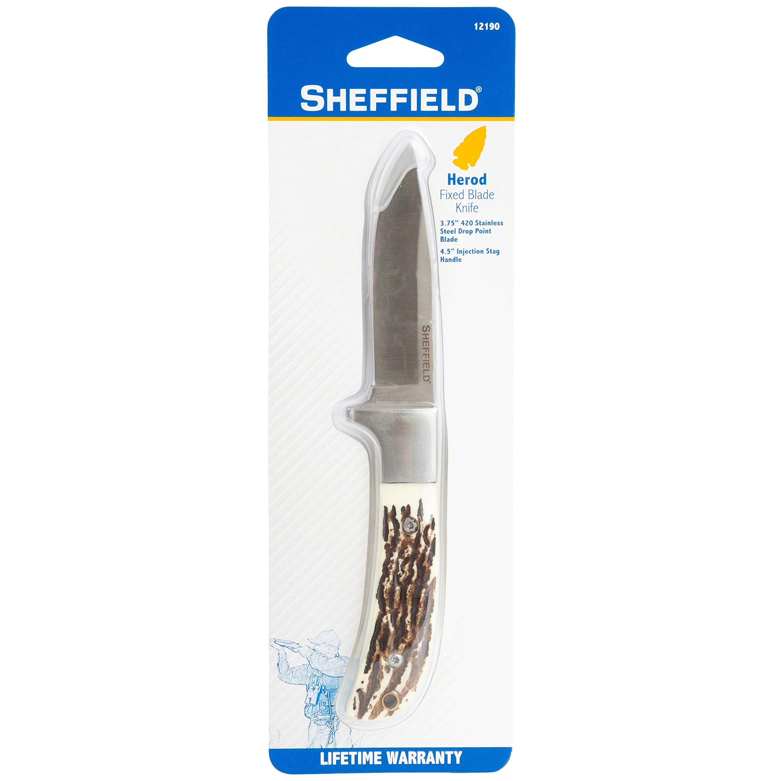 Sheffield 12190 Herod 3.75 Inch Fixed Blade Hunting Knife, 4.5 Inch Injection Stag Handle, 420 SS Drop Point Blade, Full Tang Survival Knife