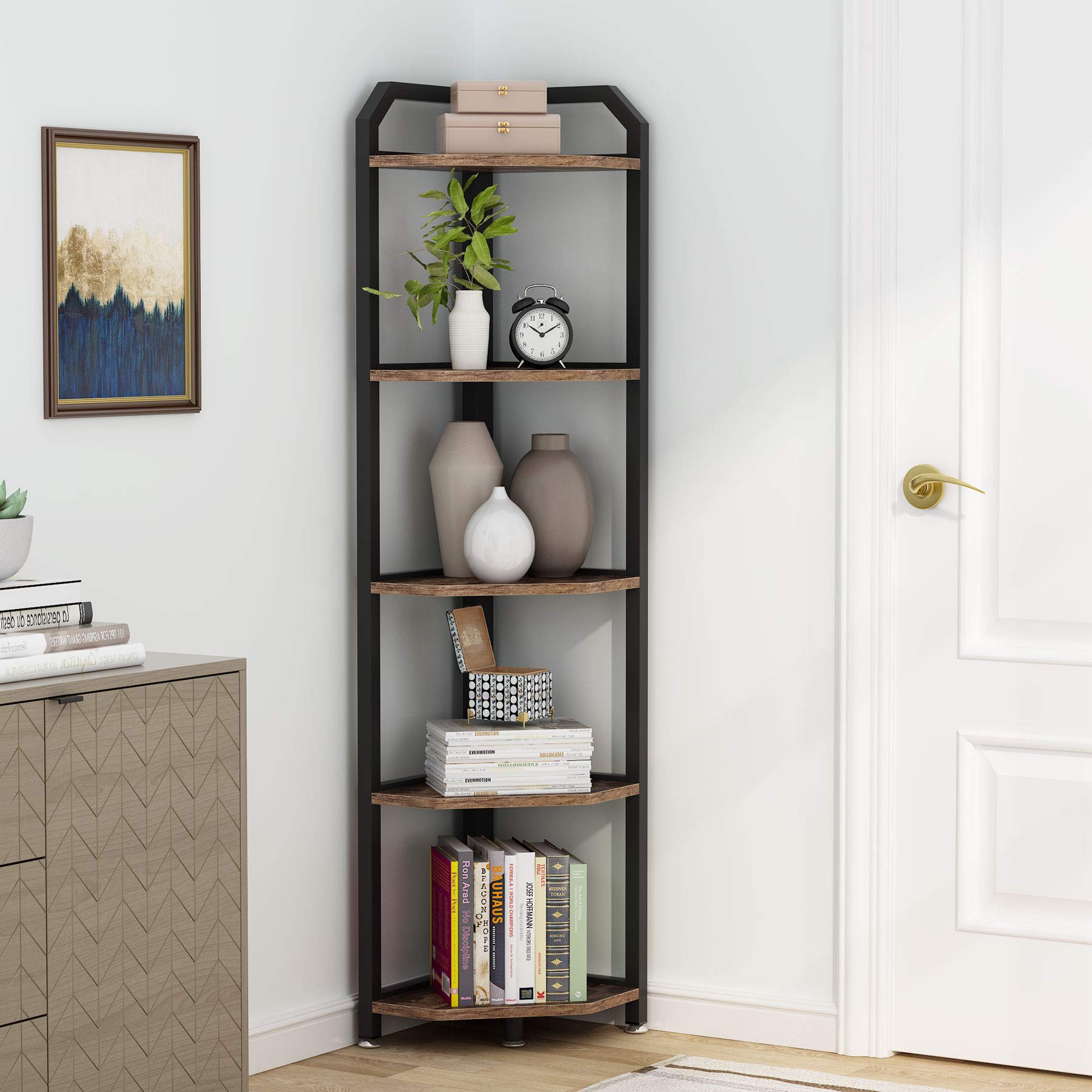 Tribesigns Corner Shelf, 5 Tier Corner Bookshelf and Bookcase Rustic Corner Storage Shelving Unit Indoor Plant Stand for Living Room, Home Office, Small Space (Brown)