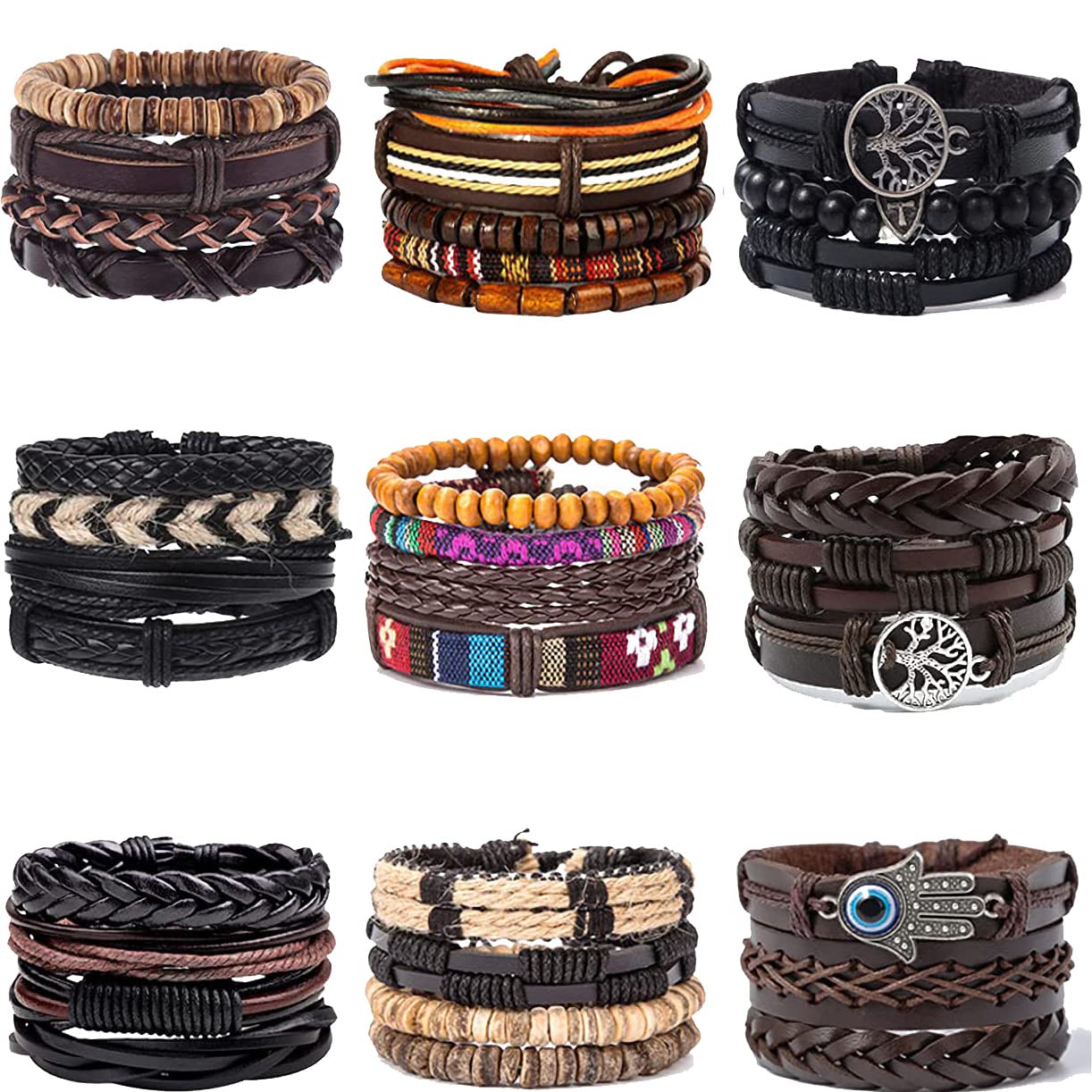 WAINIS 34 Pcs Braided Leather Bracelet for Men Women Stackable Cuff Wrap Wrist Bracelet Adjustable Ethnic Woven Wooded Bead Jewelry Bracelets Pack