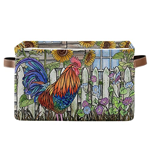 TropicalLife Rectangular Storage Bin Cube Animal Rooster Foldable Organizer Basket with Handles, Sunflower Floral Farm Collapsible Storage Box for Kids Toy Shelf Closet Nursery
