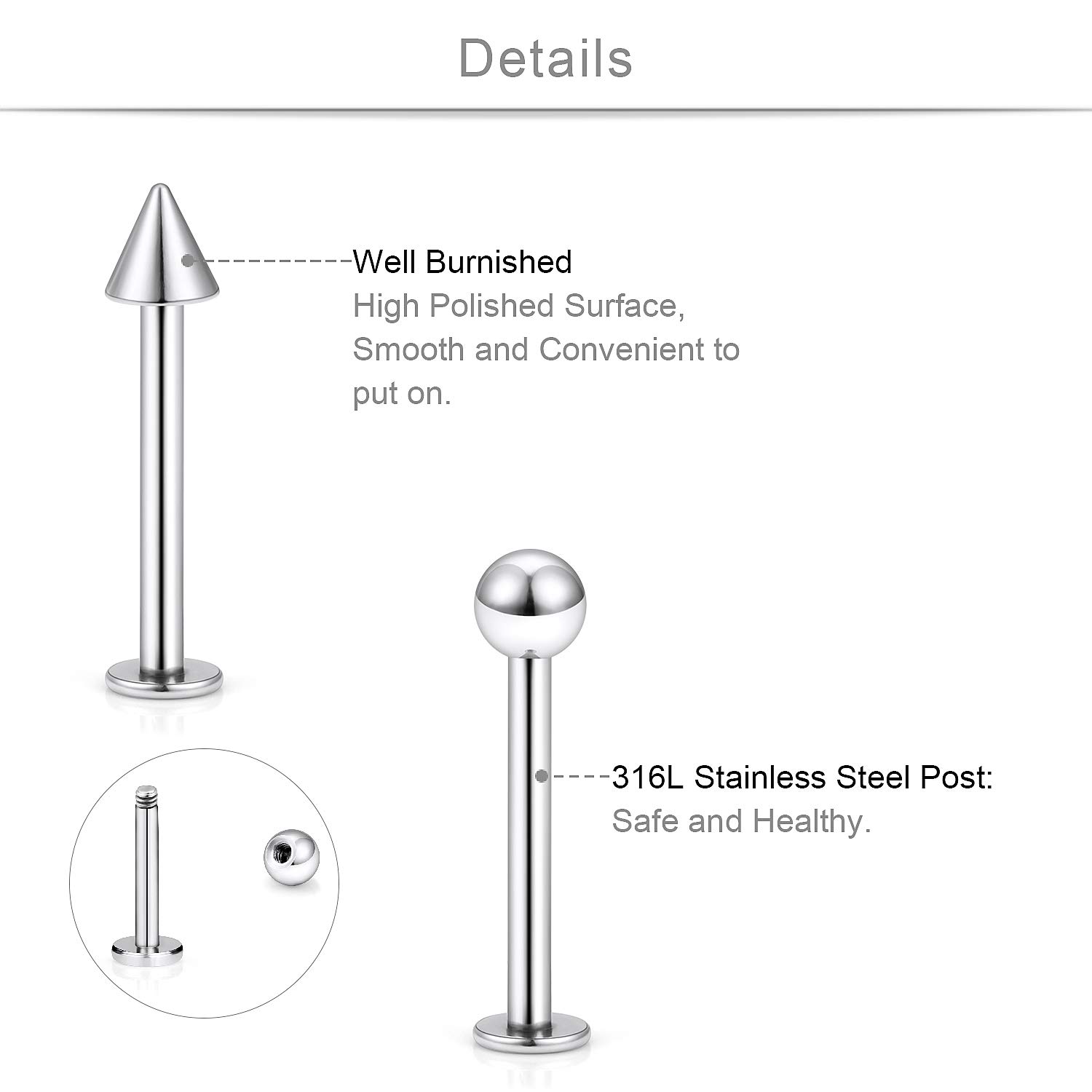 SCERRING 12PCS 16g Stainless Steel 3mm Balls & Spikes Labret Monroe Lip Tragus Cartilage Helix Earring Ring Body Piercing Jewelry 10mm - Silver