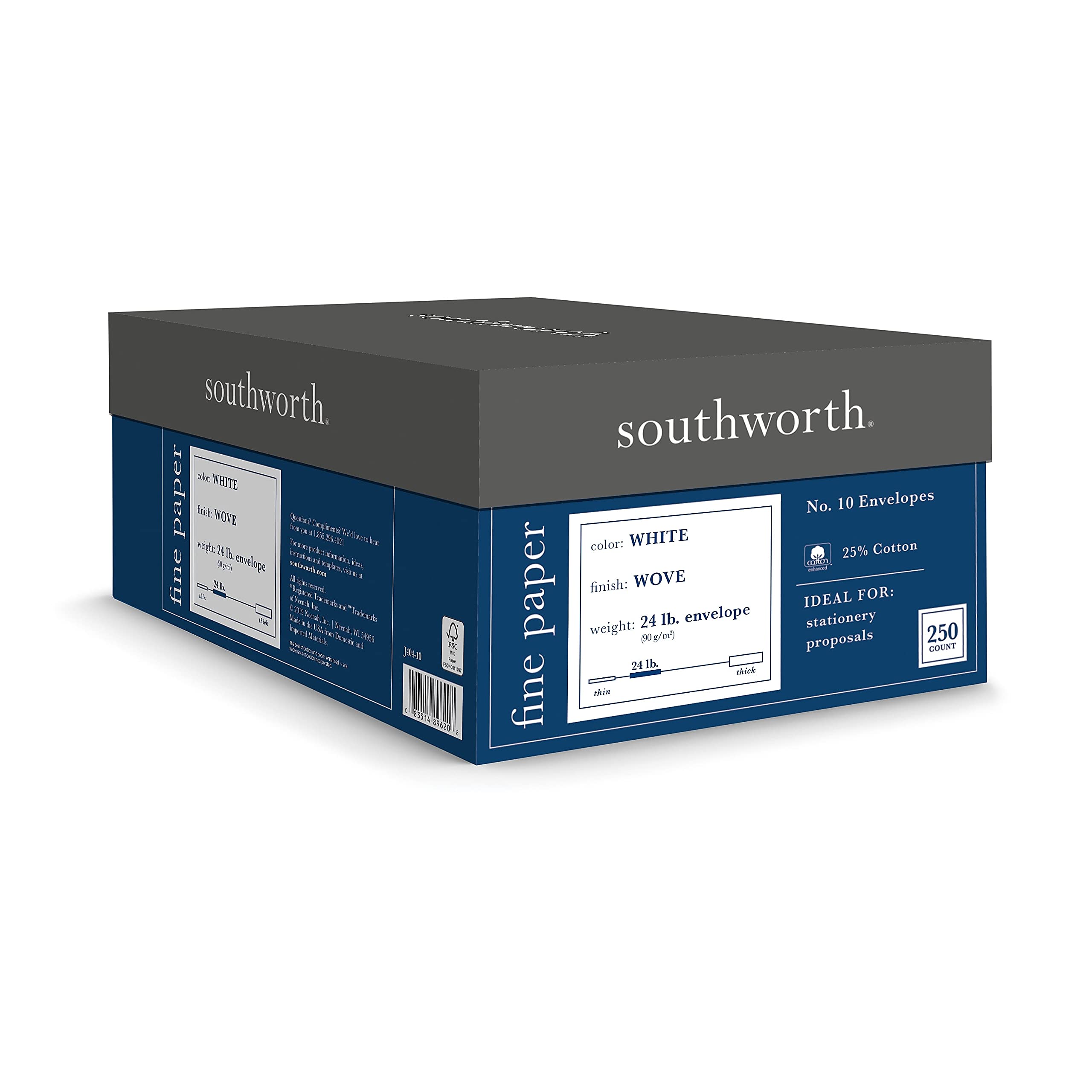 Southworth Credentials Collection™ 25% Cotton Fine Business #10 Envelopes, 24 Lb., White, Box Of 250