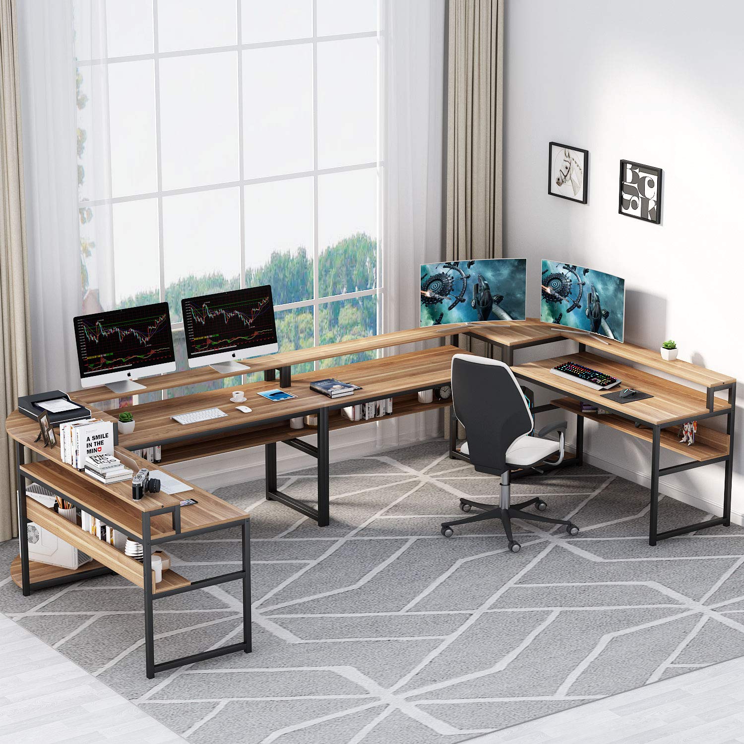 Tribesigns L-Shaped Computer Desk with Storage Shelves, Modern Large Corner Computer Desk Study Writing Workstation with Monitor Riser & 3-Tier Corner Shelf for Home Office Use (Walnut)