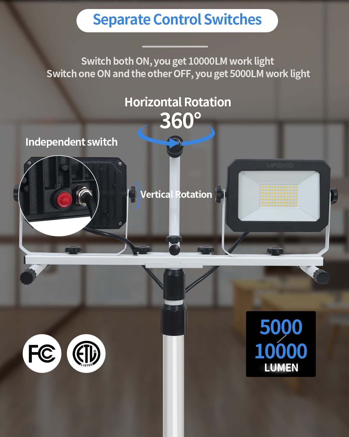 UFOND 8000 Lumen LED Work Light with Stand, Dual Head Work Light, Waterproof Lamp with Individual Switch, Adjustable Metal Telescoping Tripod with Power Cord (2 Pack)