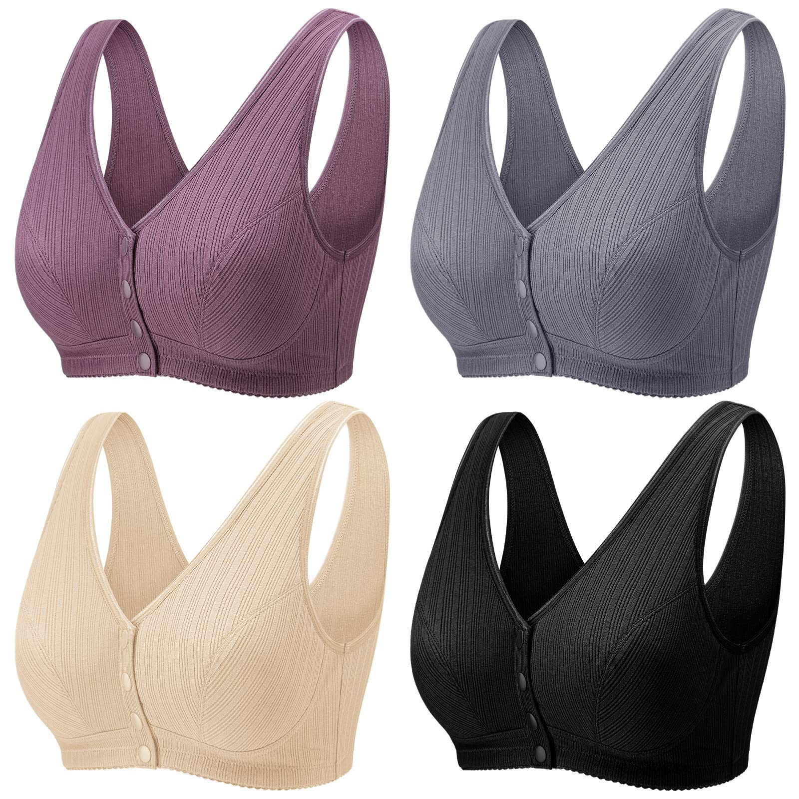 Zhanmai 4 Pack Convenient Front Button Bra Sleep Bras Front Closure Everyday Sports Bras for Middle Aged Elder Woman (Fresh Color,Multi Style,L)