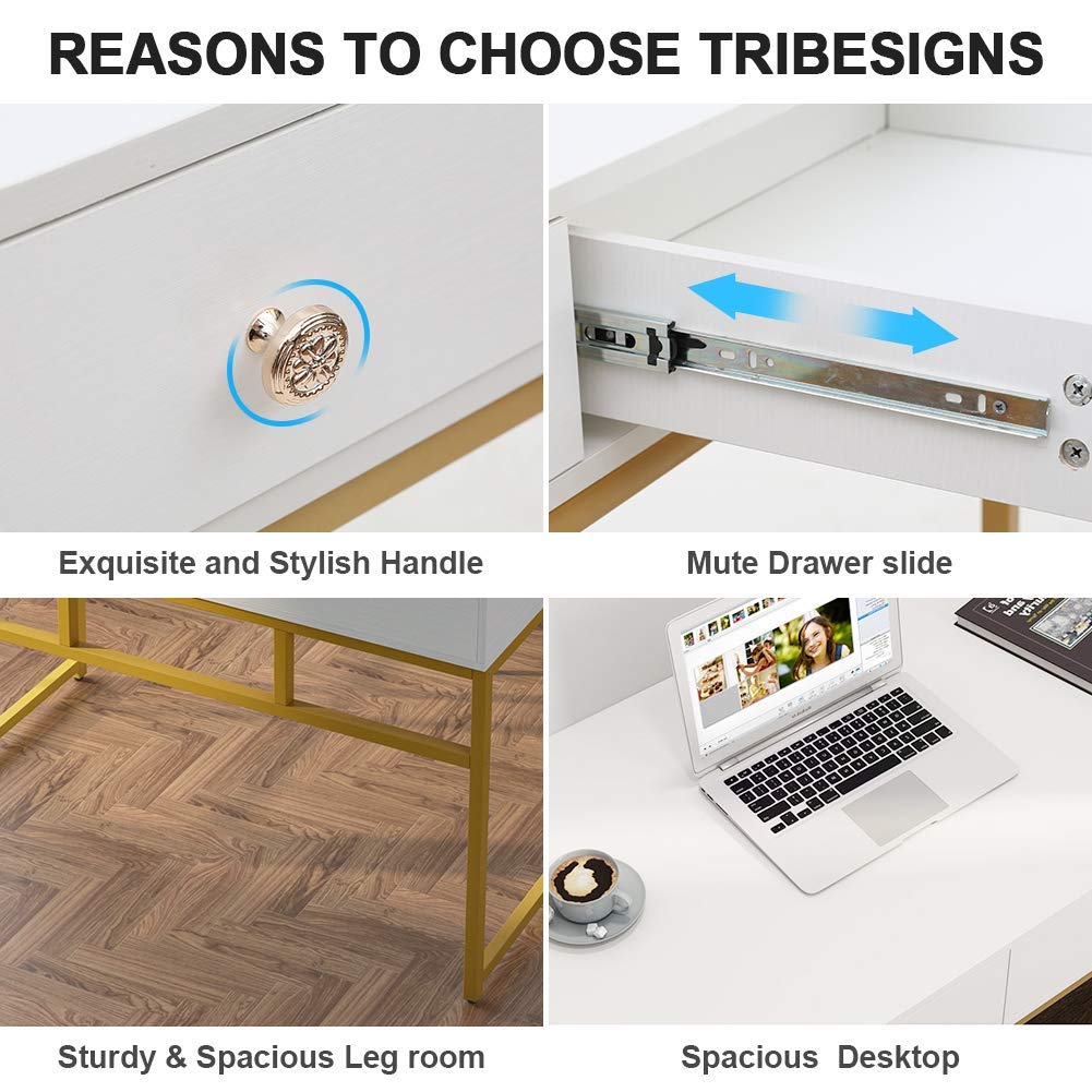 TRIBESIGNS WAY TO ORIGIN 47" Computer Desk with 2 Drawers, Modern Simple Laptop Desk Writing Desk, Multifunctional White Desk Makeup Vanity Table for Home Office (White/Gold)