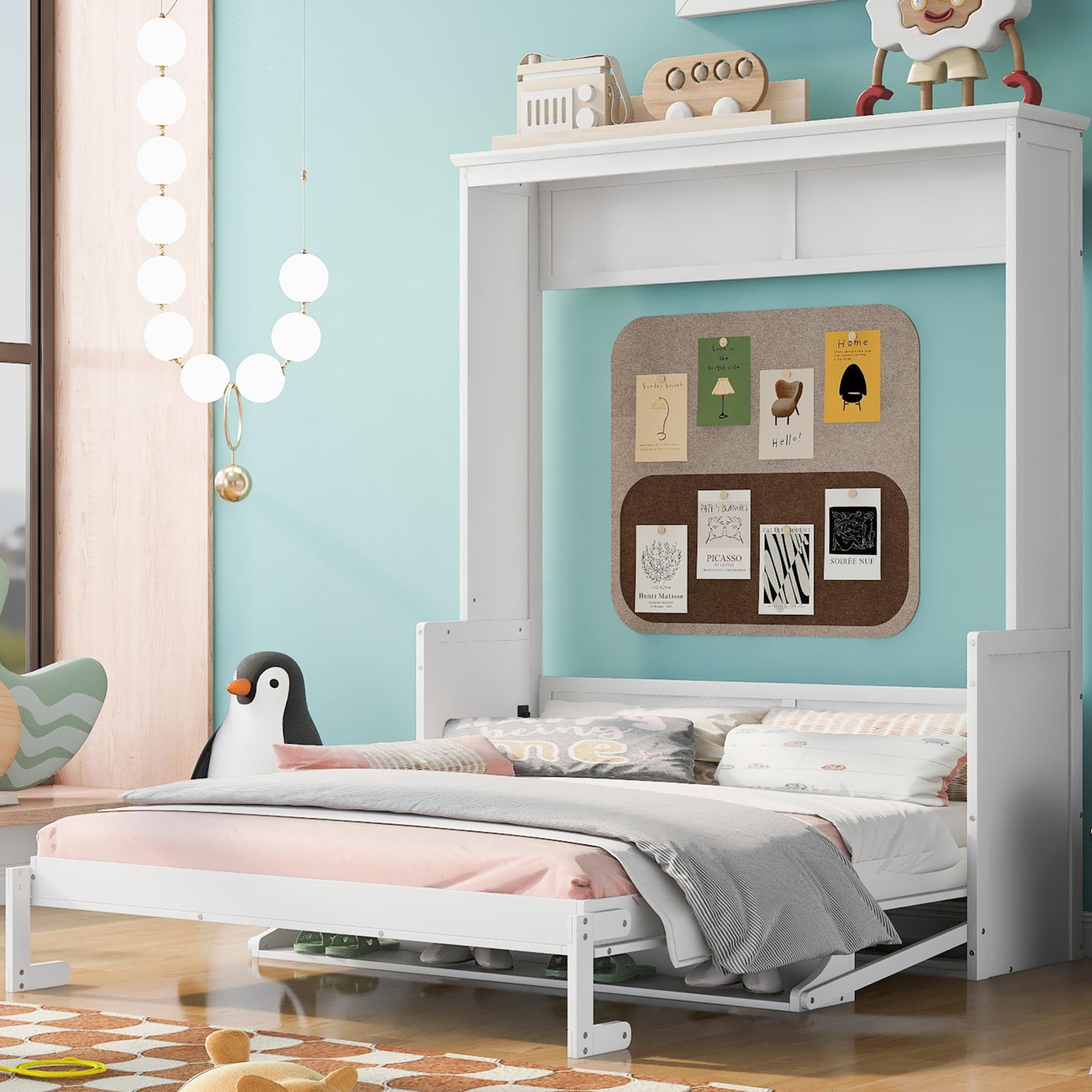 Queen Size Murphy Bed with Storage Shelf, Space-Saving Wooden Wall Bed for Bedroom, No Box Spring Needed, Noise Free (White)