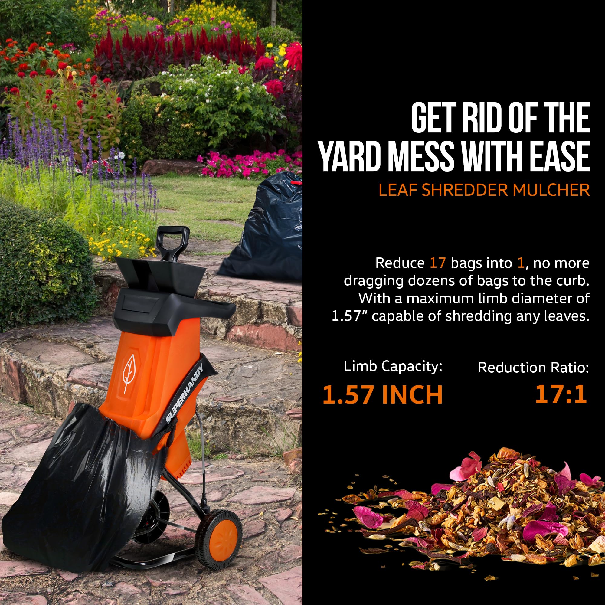 SuperHandy Leaf Shredder Mulcher, Corded Electric, 17:1 Reduction, 15A 1800W 120VAC Dual Edge Blades, for Brush, Sticks, Dry Debris