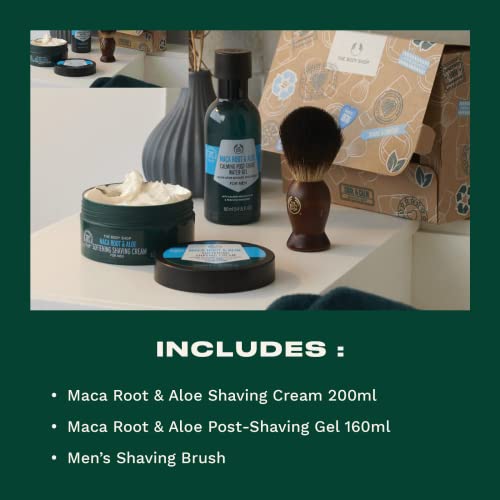 The Body Shop Cool & Calm Shaving Set – Maca Root & Aloe Shave Cream For Men 200ml, Maca Root & Aloe Post-Shave Gel 160ml & A Shaving Brush